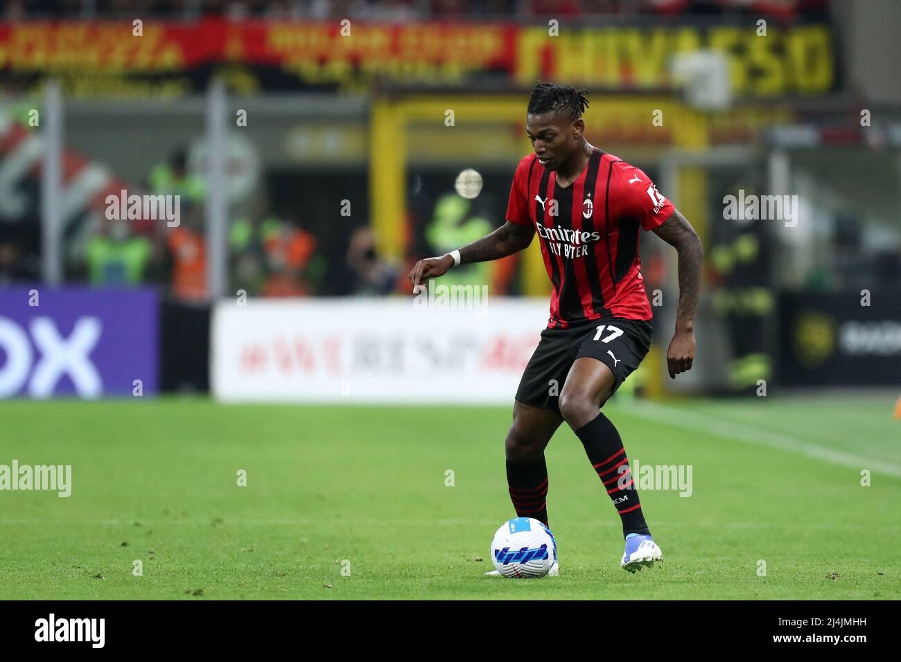 Milano, Italy. 15th Apr, 2022. Rafael Leao of Ac Milan controls the ...