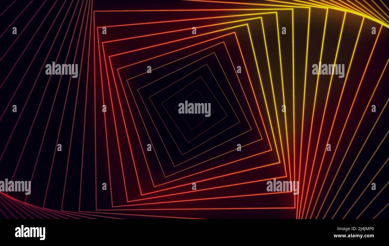 Endless square neon tunnel of rotating red and yellow gradient ...