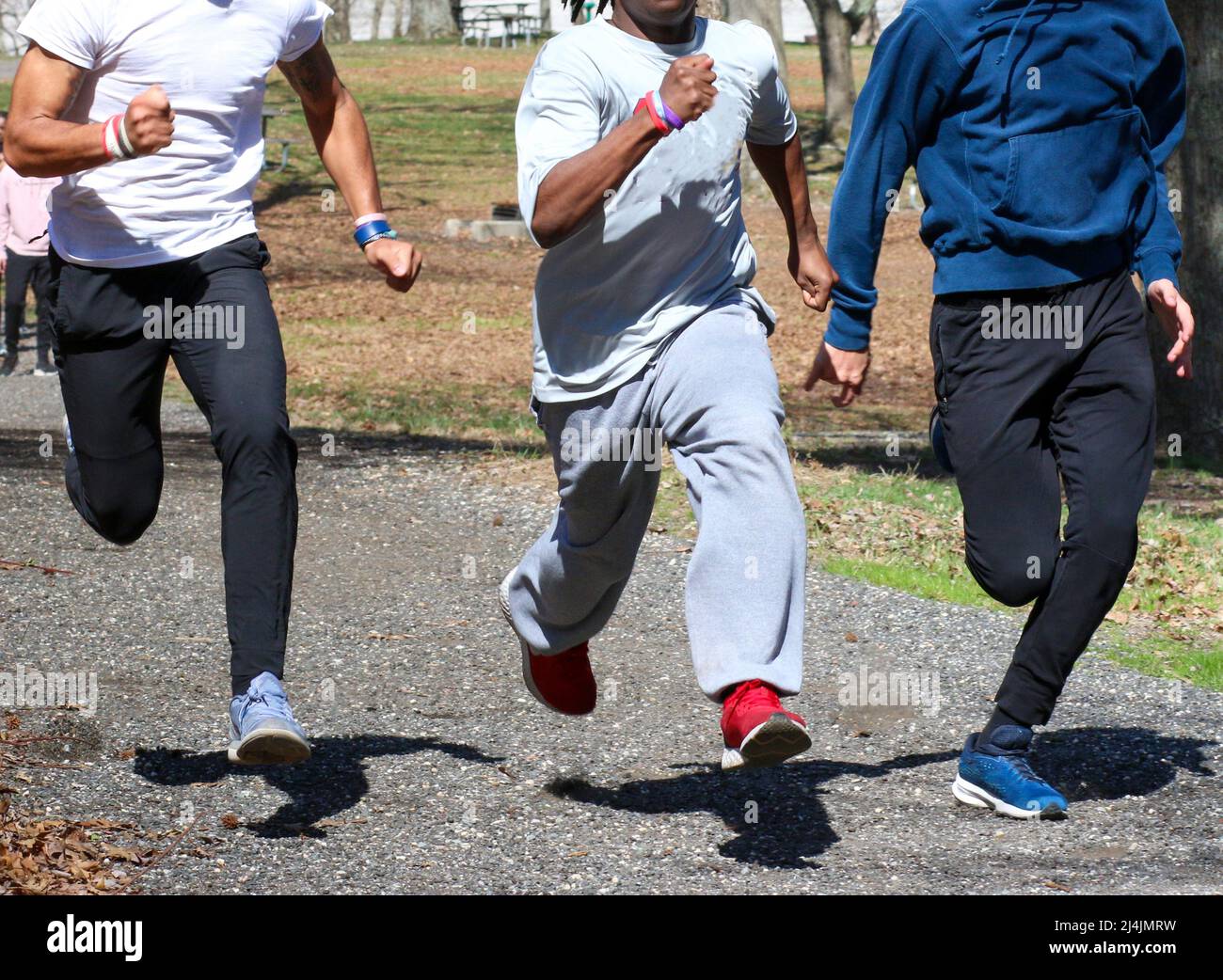 Three boys running fast up a hill on a trail in the woods at Sunken ...