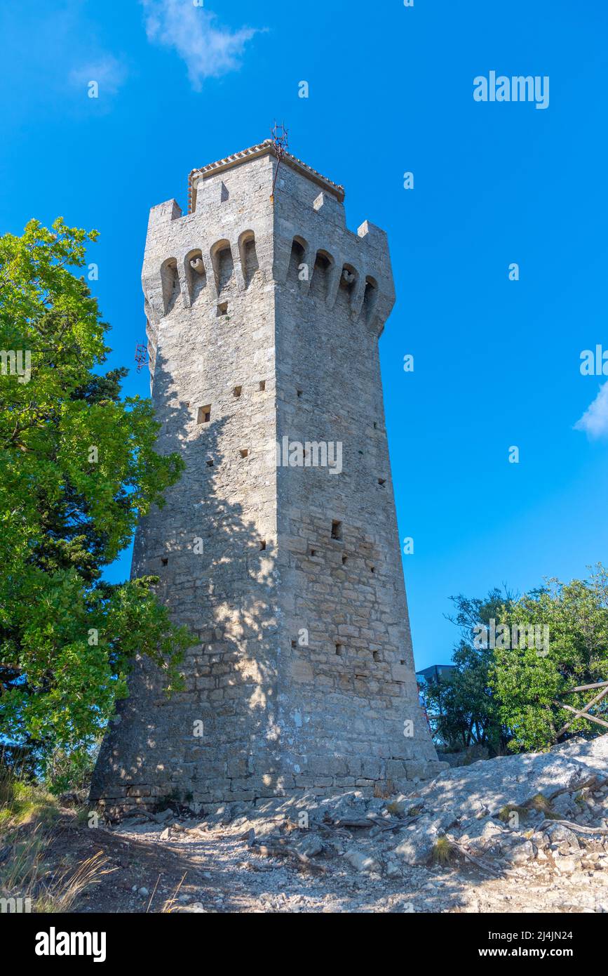 View of the Montale, the third tower of San Marino Stock Photo - Alamy