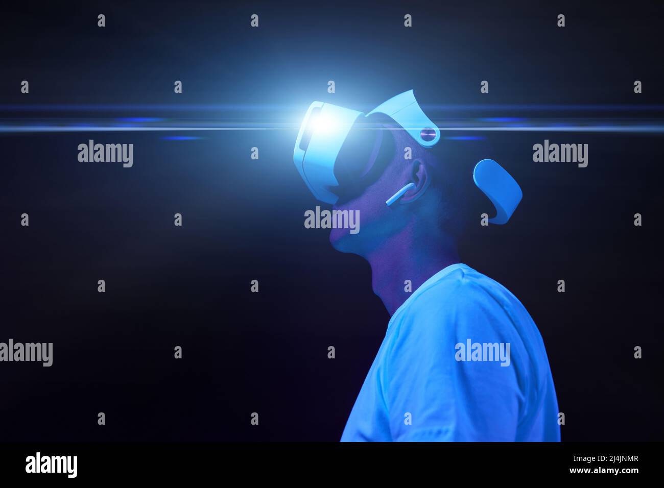 Man interting with virtual reality using vr headset. Concept of virtual ... Man interting with virtual reality using vr headset. Concept of virtual ...