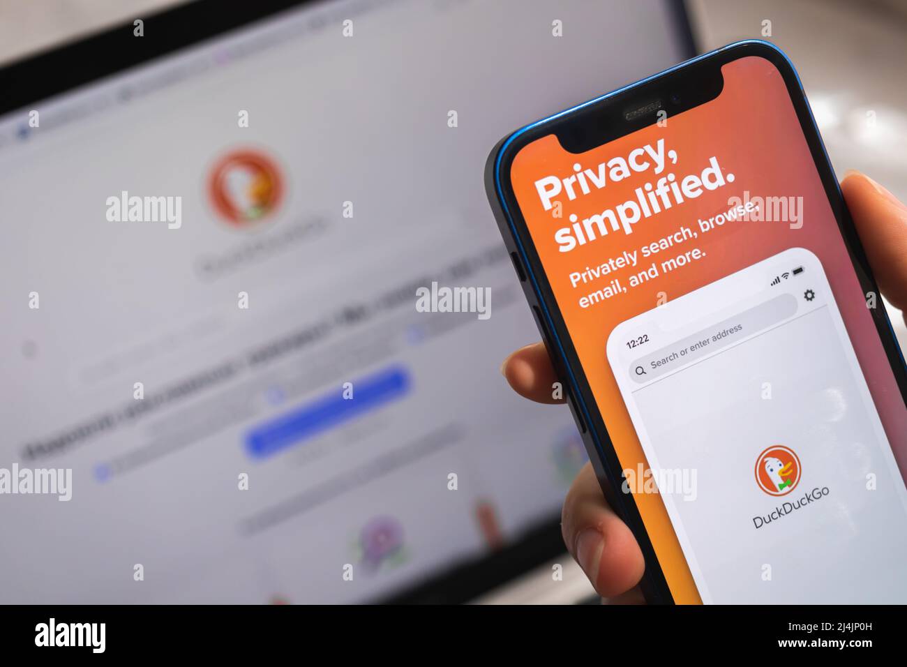 SPB, Russia - April 15, 2022: DuckDuckGo browser app. Logo closeup ...