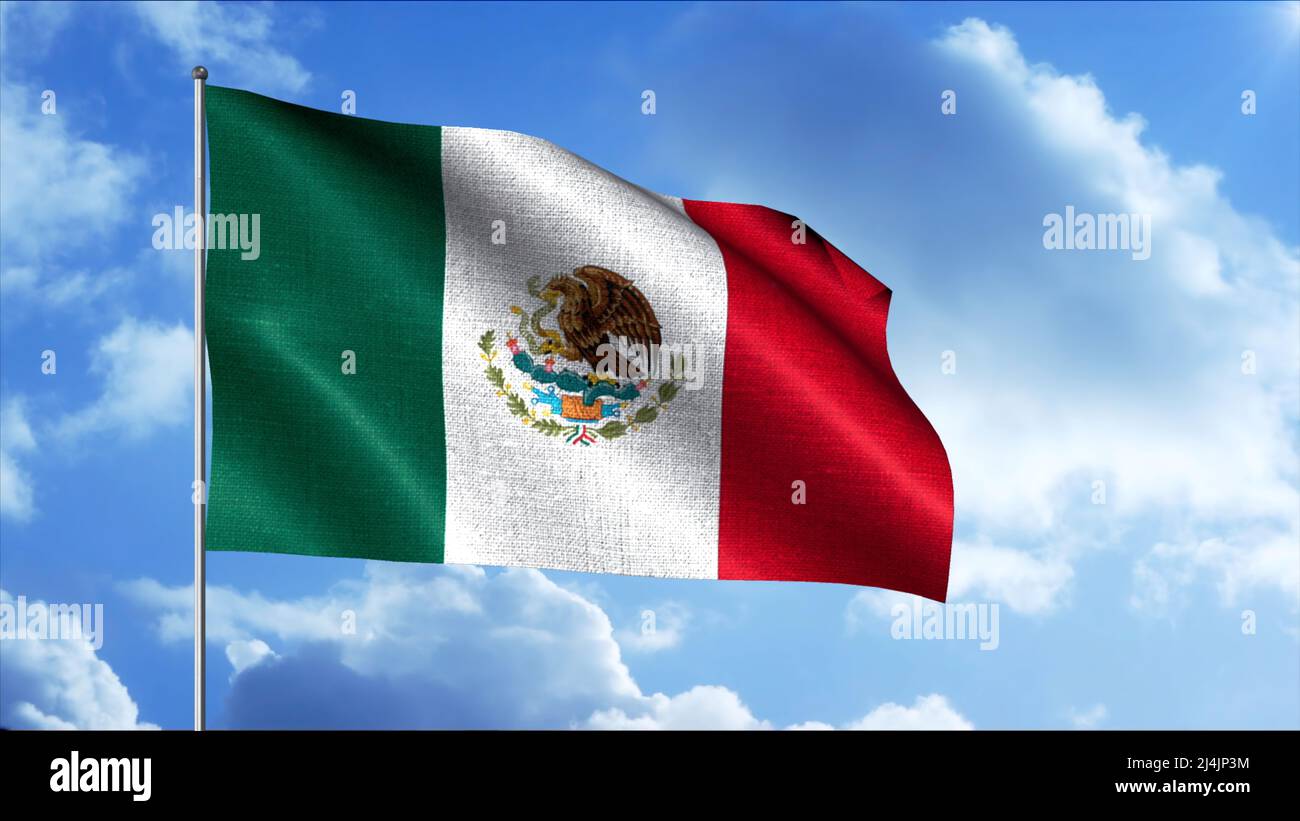 Mexico flag waving with 3D effect on blue cloudy sky background ...