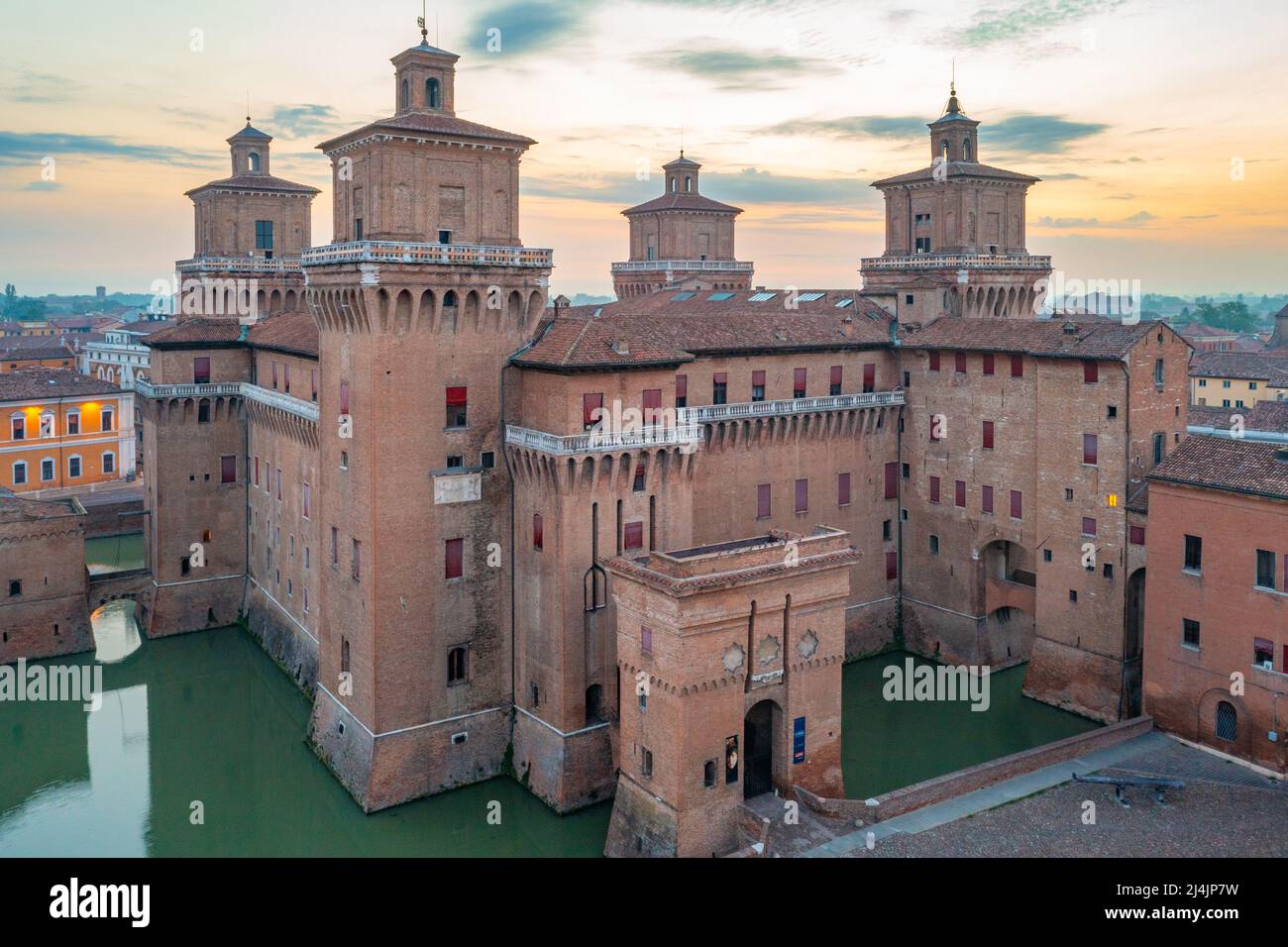 Aerial view of Castello Estense in the Italian town Ferrara Stock Photo ...