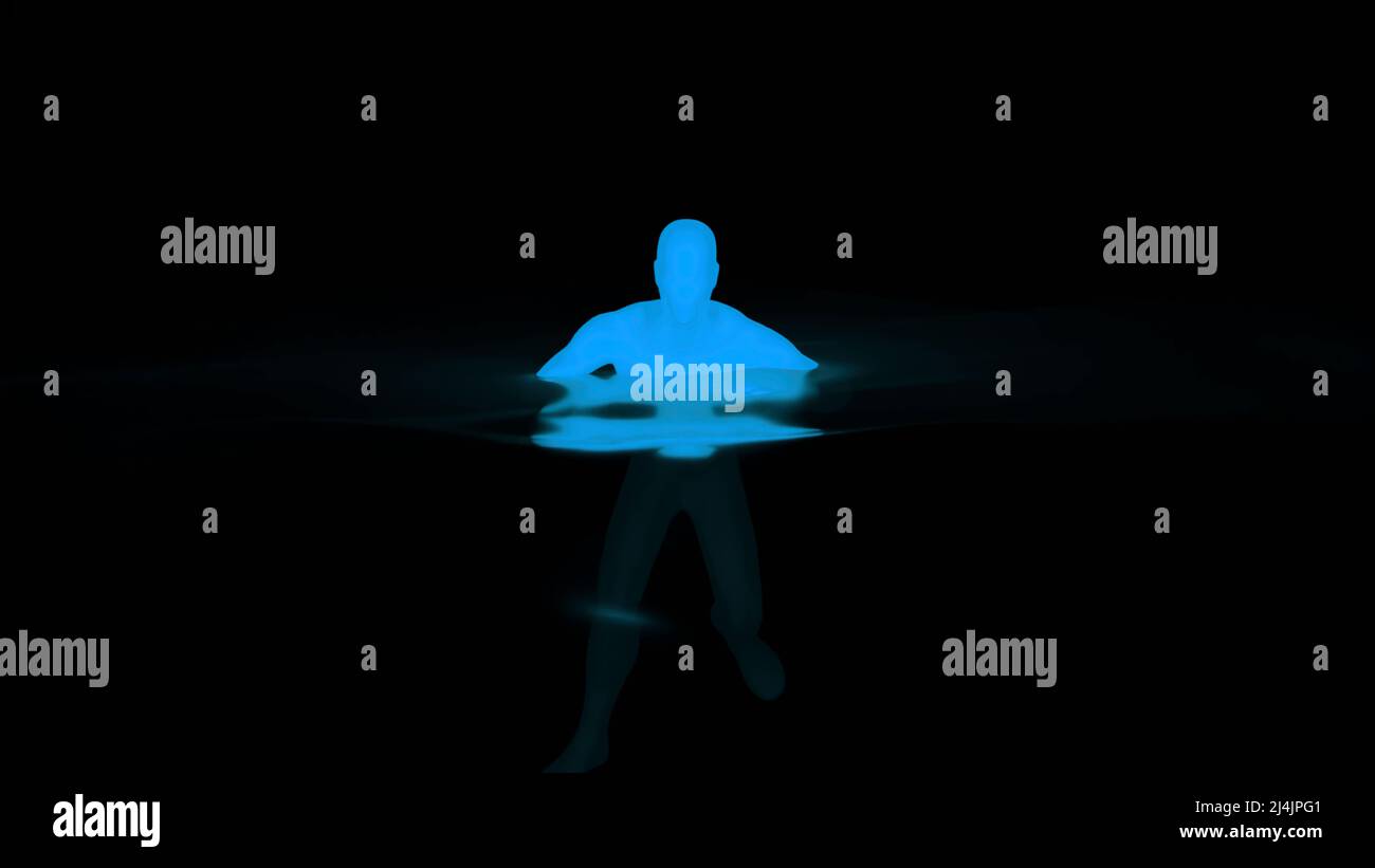 3d man swimming. Design. Fluorescent silhouette of man in water. 3D ...