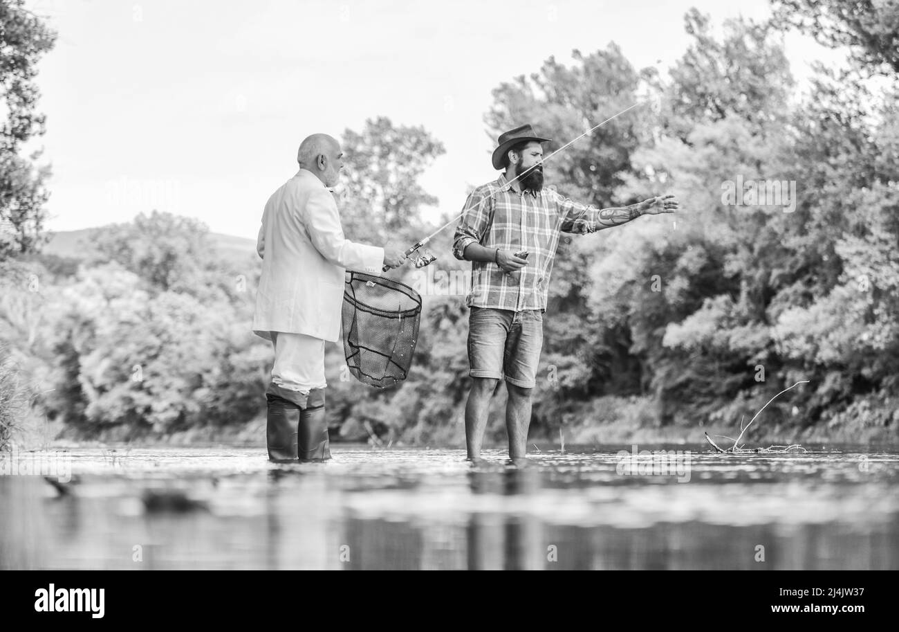 Fish with companion who help in emergency. Bearded man elegant ...