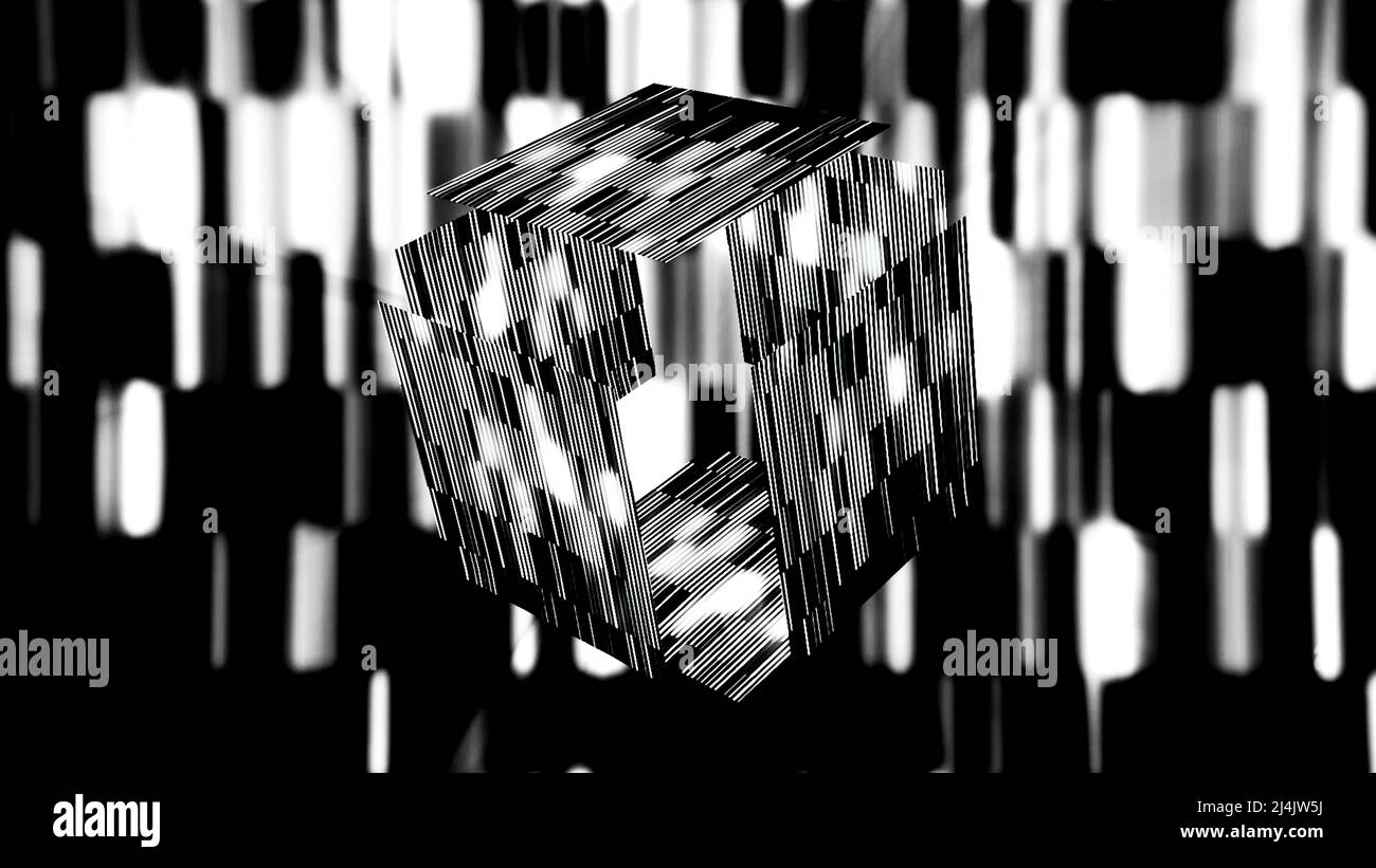 Abstract monochrome glowing rectangular block with the moving sides and ...