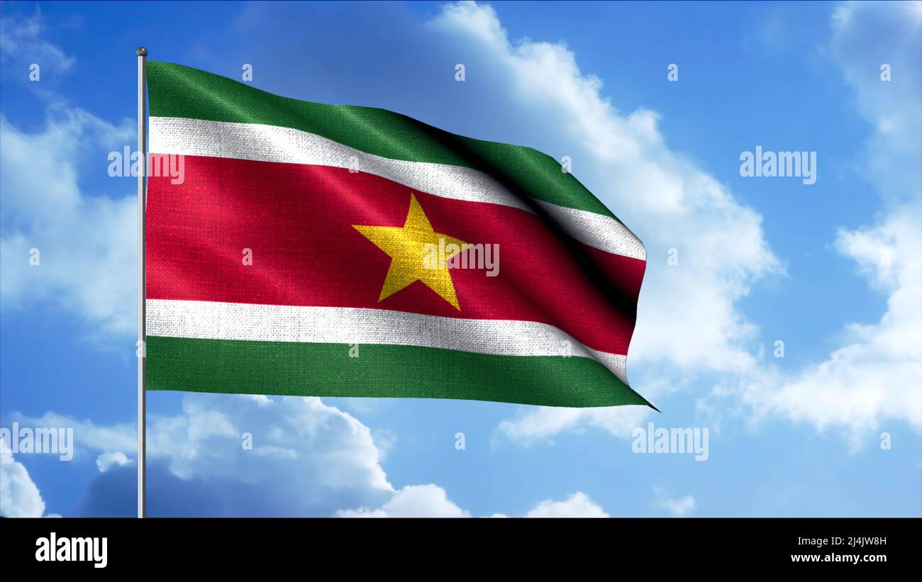 A flag of Suriname with green, white, and red horizontal stripes and a ...
