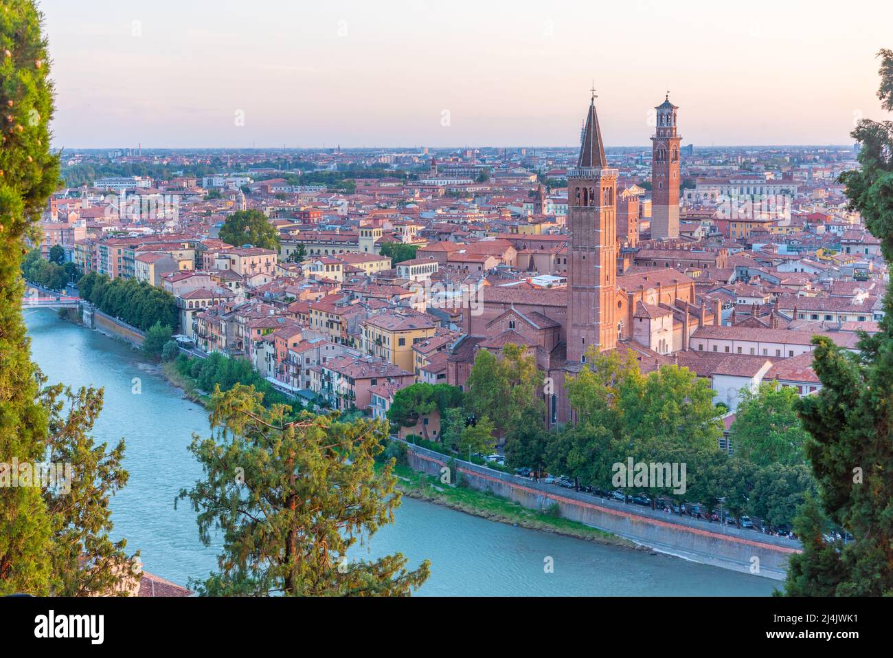Sunset view of the italian city verona including church of saint ...