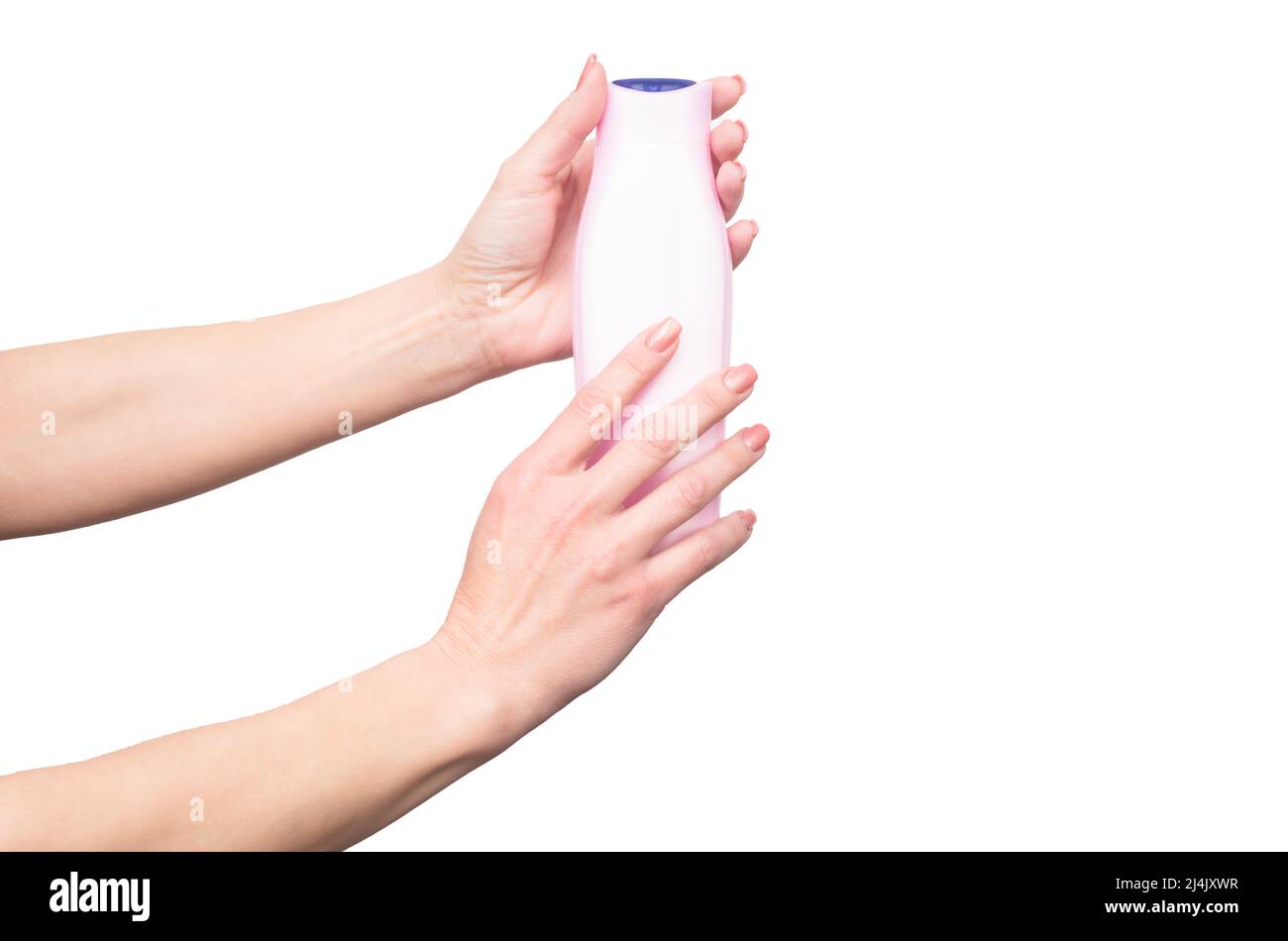 female hands hold shampoo bottle with copy space Stock Photo - Alamy