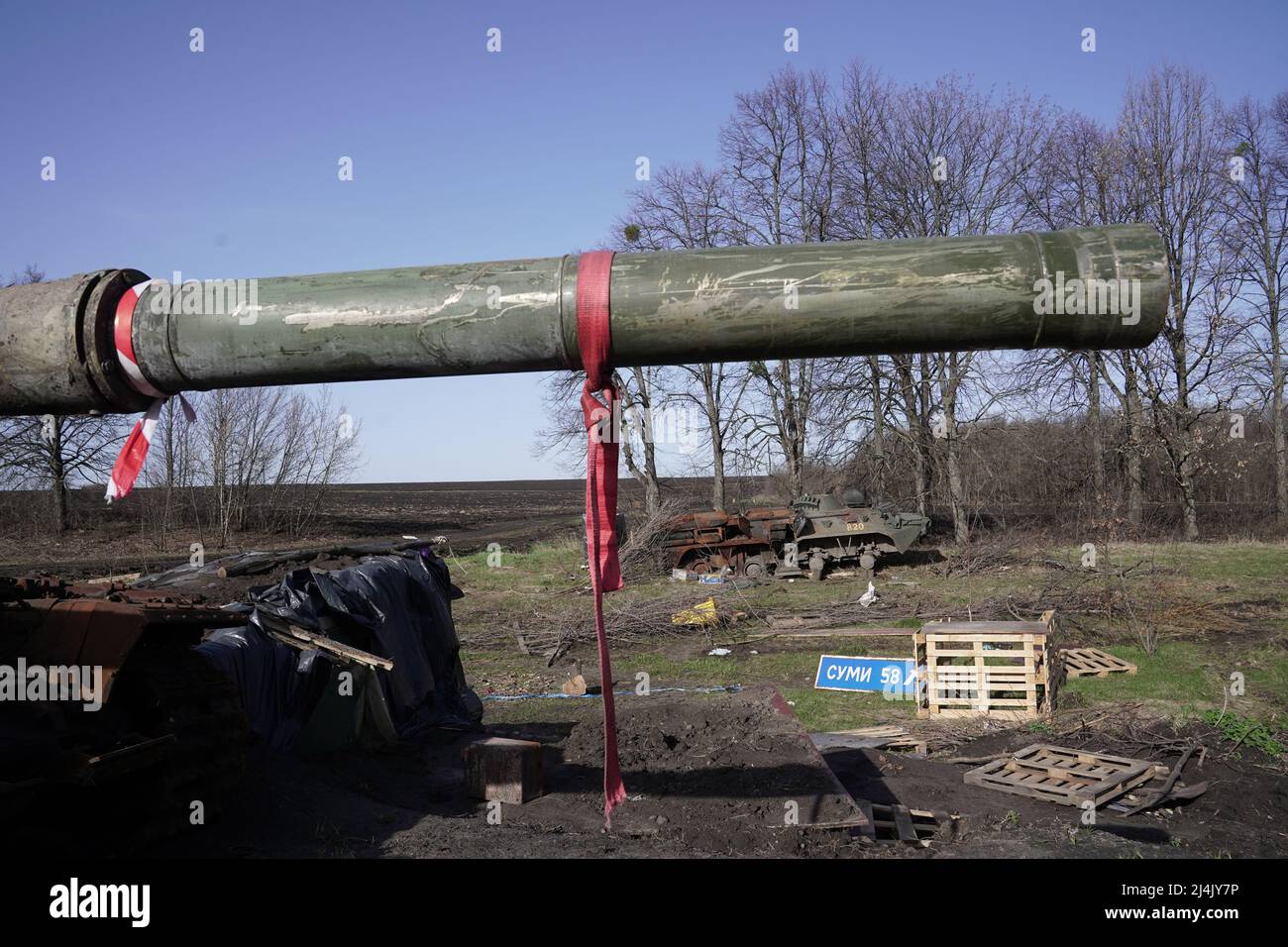 SUMY REGION, UKRAINE - APRIL 15, 2022 - The barrel of a destroyed ...