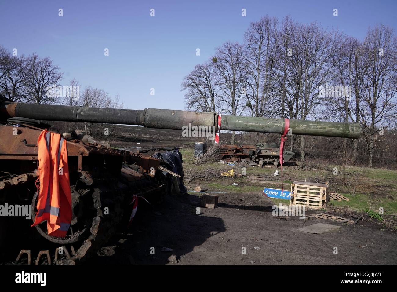 SUMY REGION, UKRAINE - APRIL 15, 2022 - The barrel of a destroyed ...
