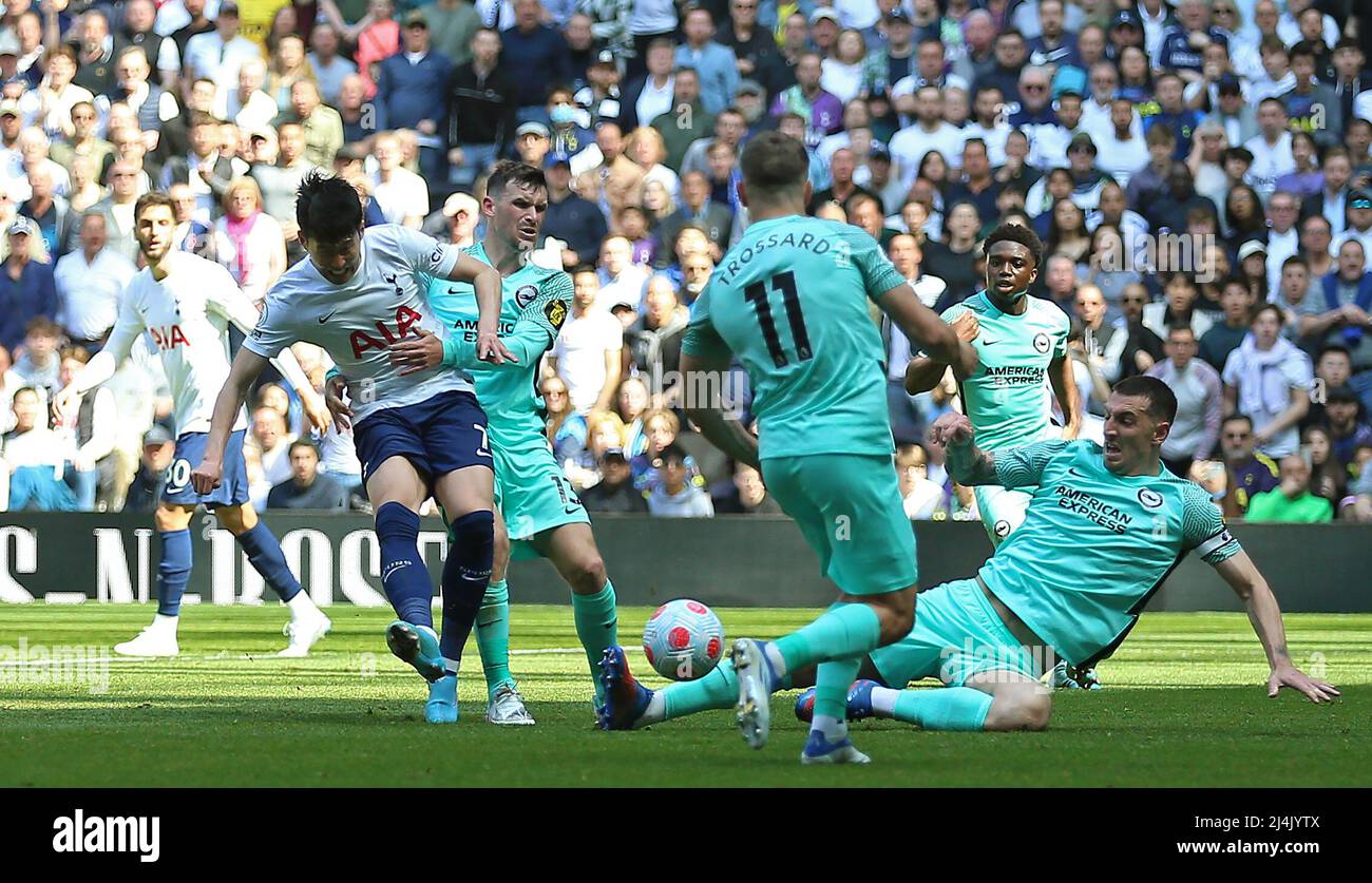 Tottenham Hotspur's Son Heung-min (left) shoots at goal during the ...