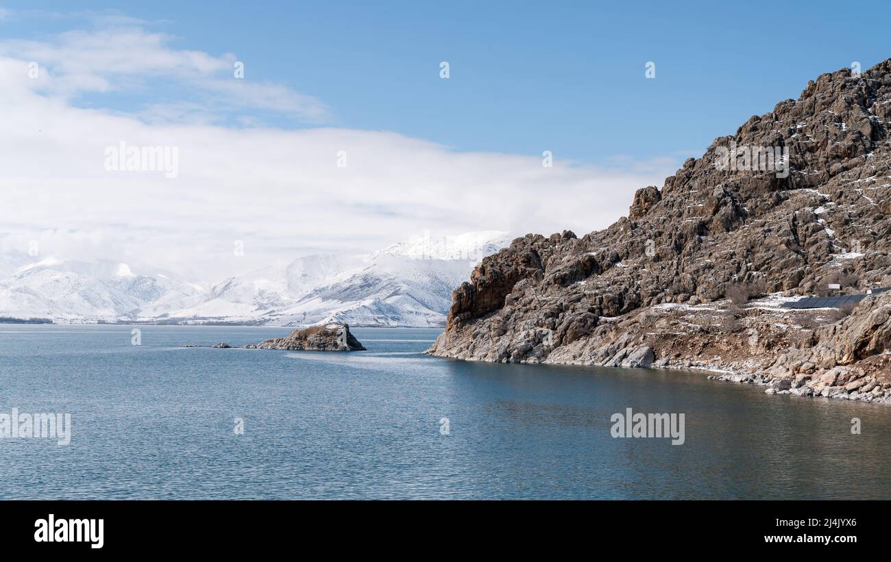 Vast scenery of Lake of Van with snow and winter landscape. Lake Van is ...