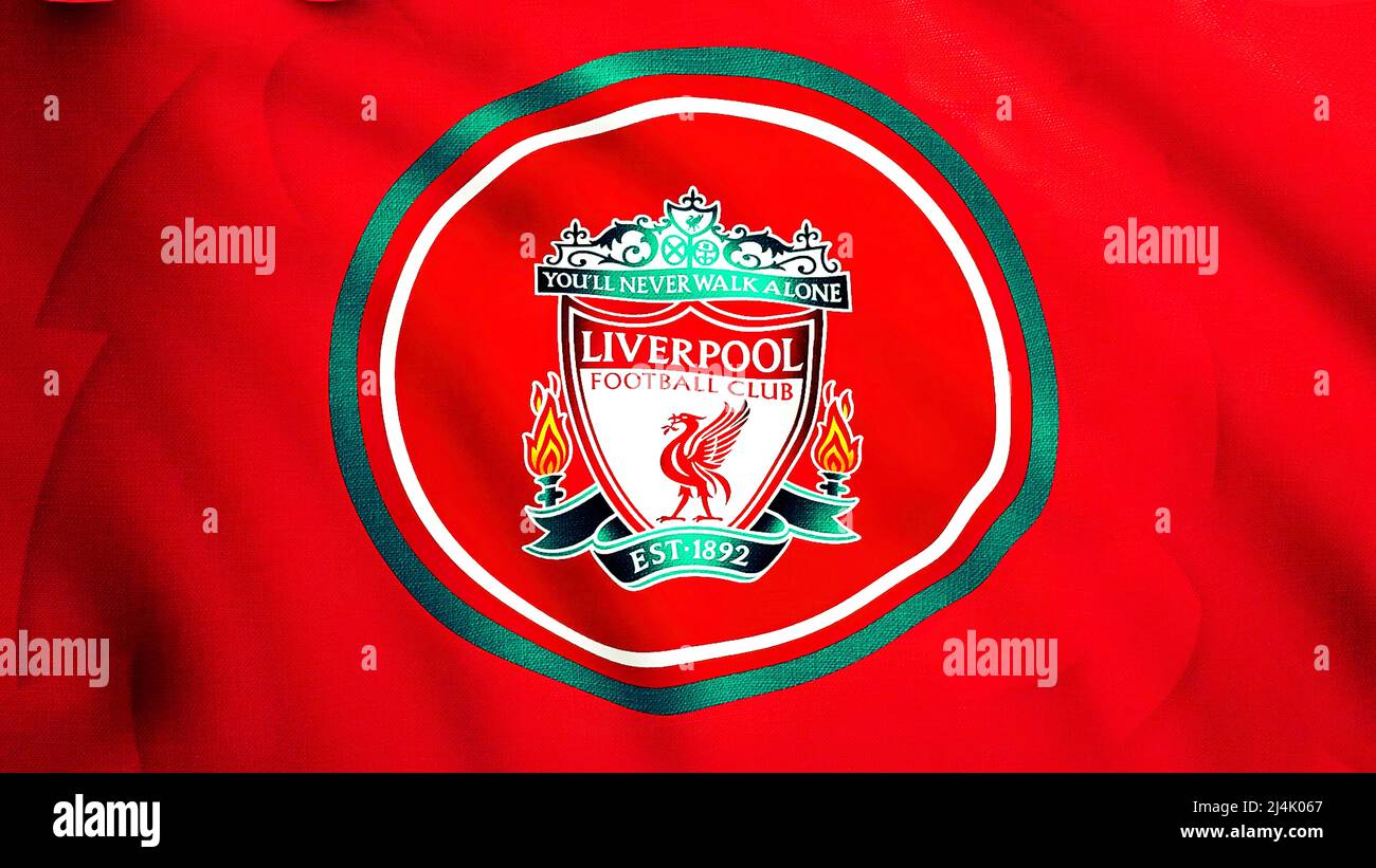 A red flag.Motion. The developing flag of the Liverpool football team ...