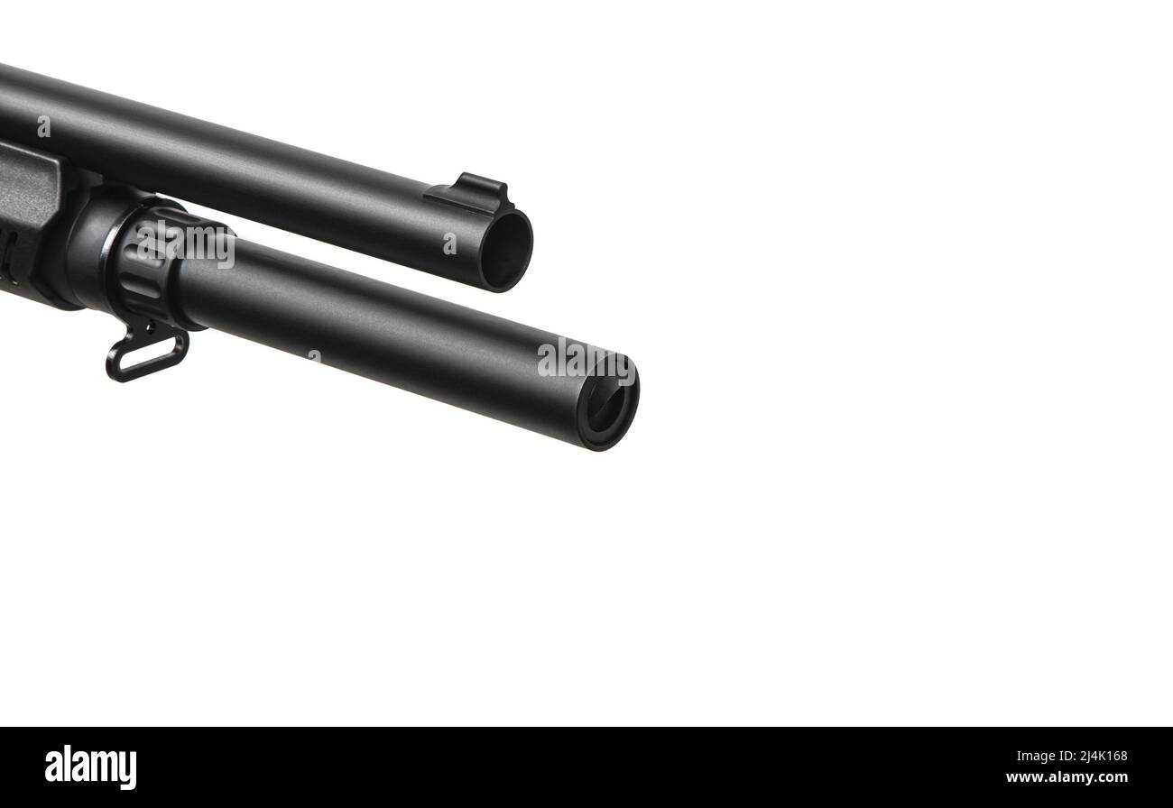 Pump-action 12 gauge shotgun isolated on a white background. Close-up ...