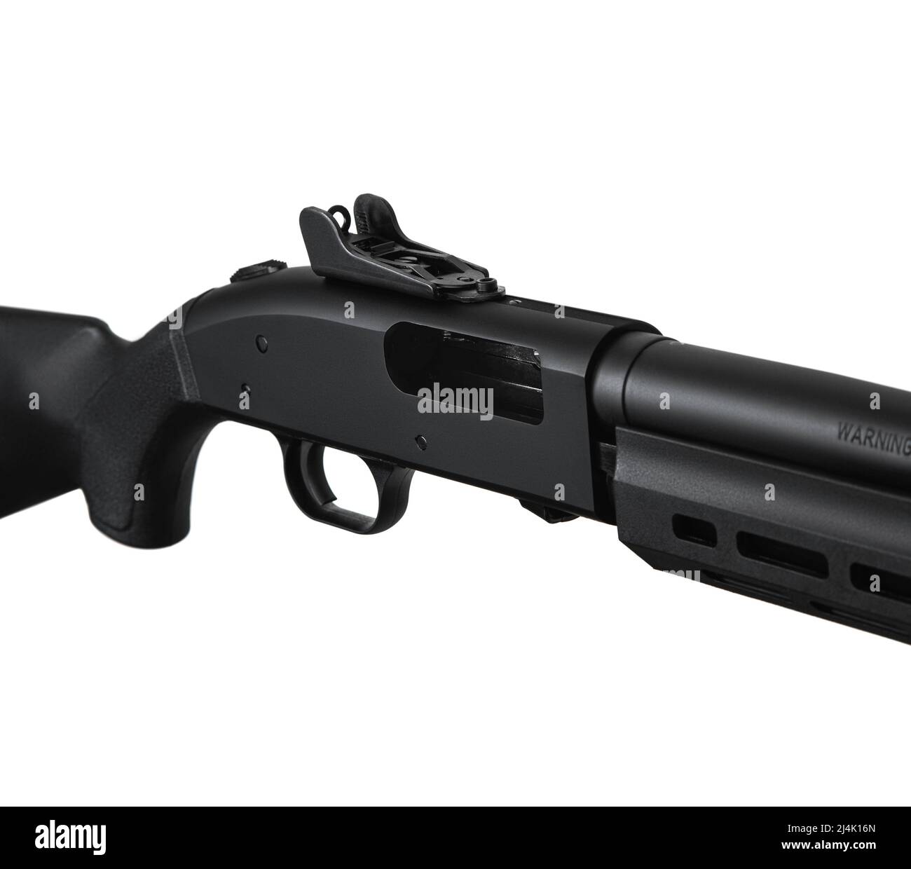 Pump-action 12 gauge shotgun isolated on a white background. Close-up ...