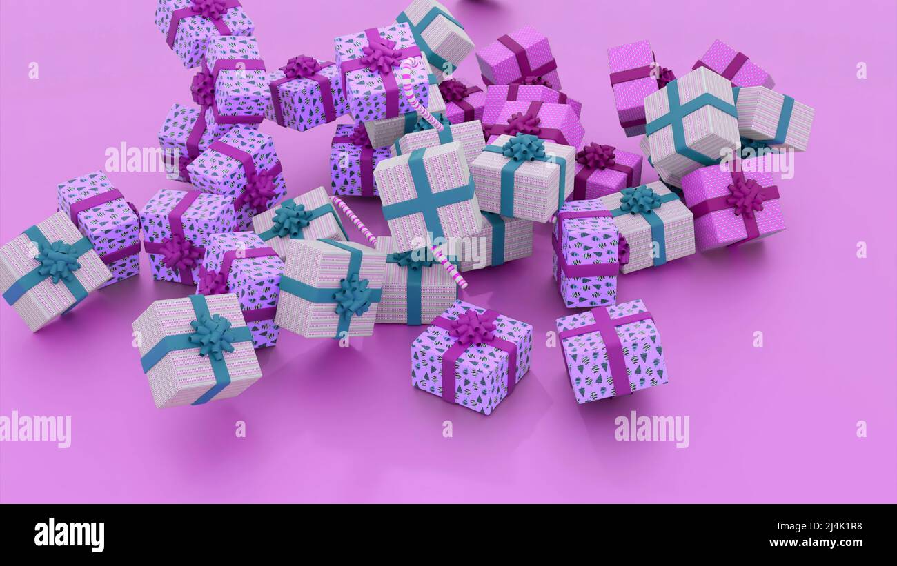 Lot of holiday gifts fall on isolated background. Design. Gift boxes ...