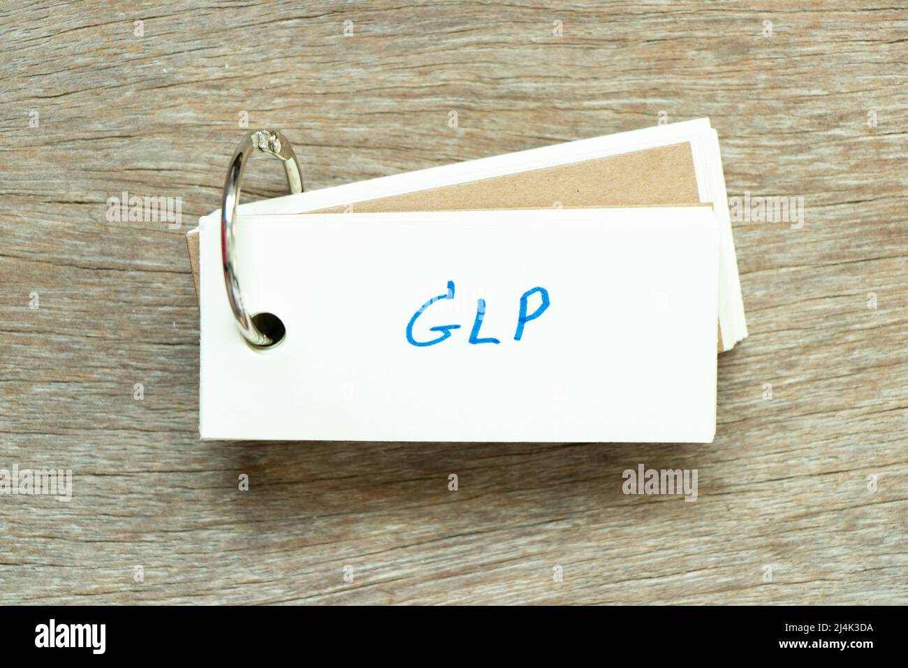 Flash card with handwriting word GLP (Abbreviation of Good laboratory ...