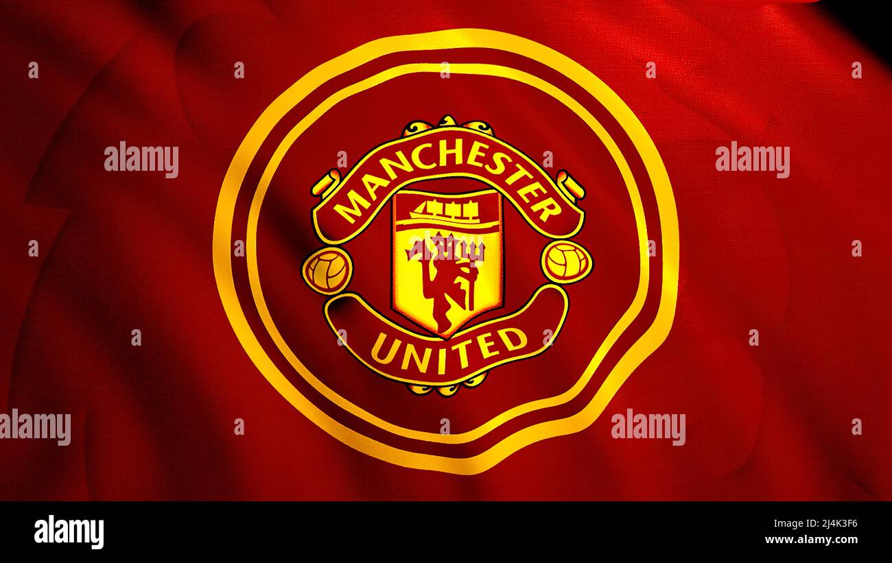 Waving Manchester United red and golden flag, seamless loop. Motion ...