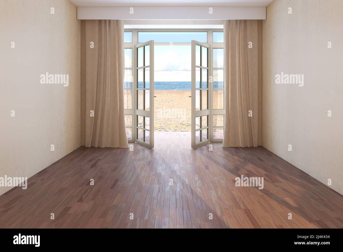Empty Hotel Room with Sea View. Interior with Beige Curtains, Open Door ...
