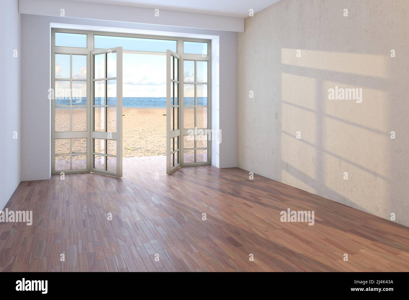 Empty Hotel Room with Sea View. Unfurnished Interior with Open Doors ...