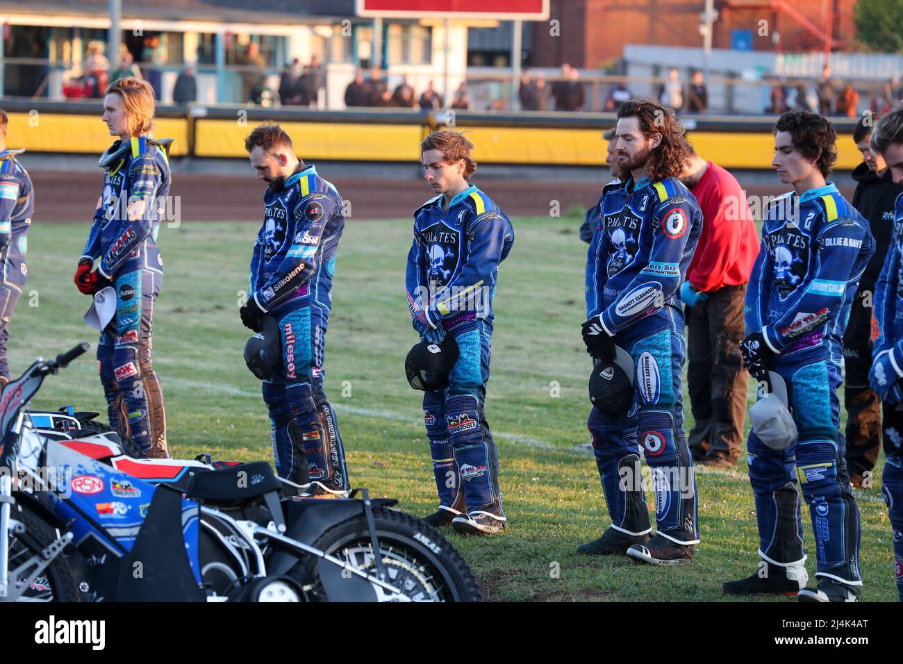 Poole, UK. 15th April 2022. Riders from the Poole Pirates and Oxford ...