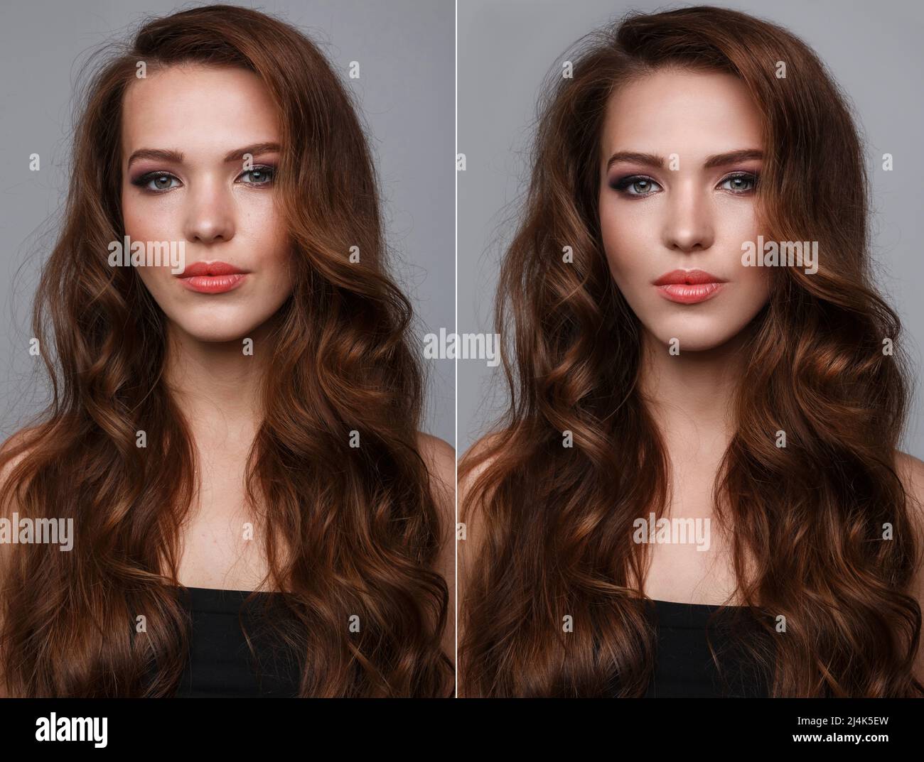 Female portrait comparison before and after retouch Stock Photo - Alamy