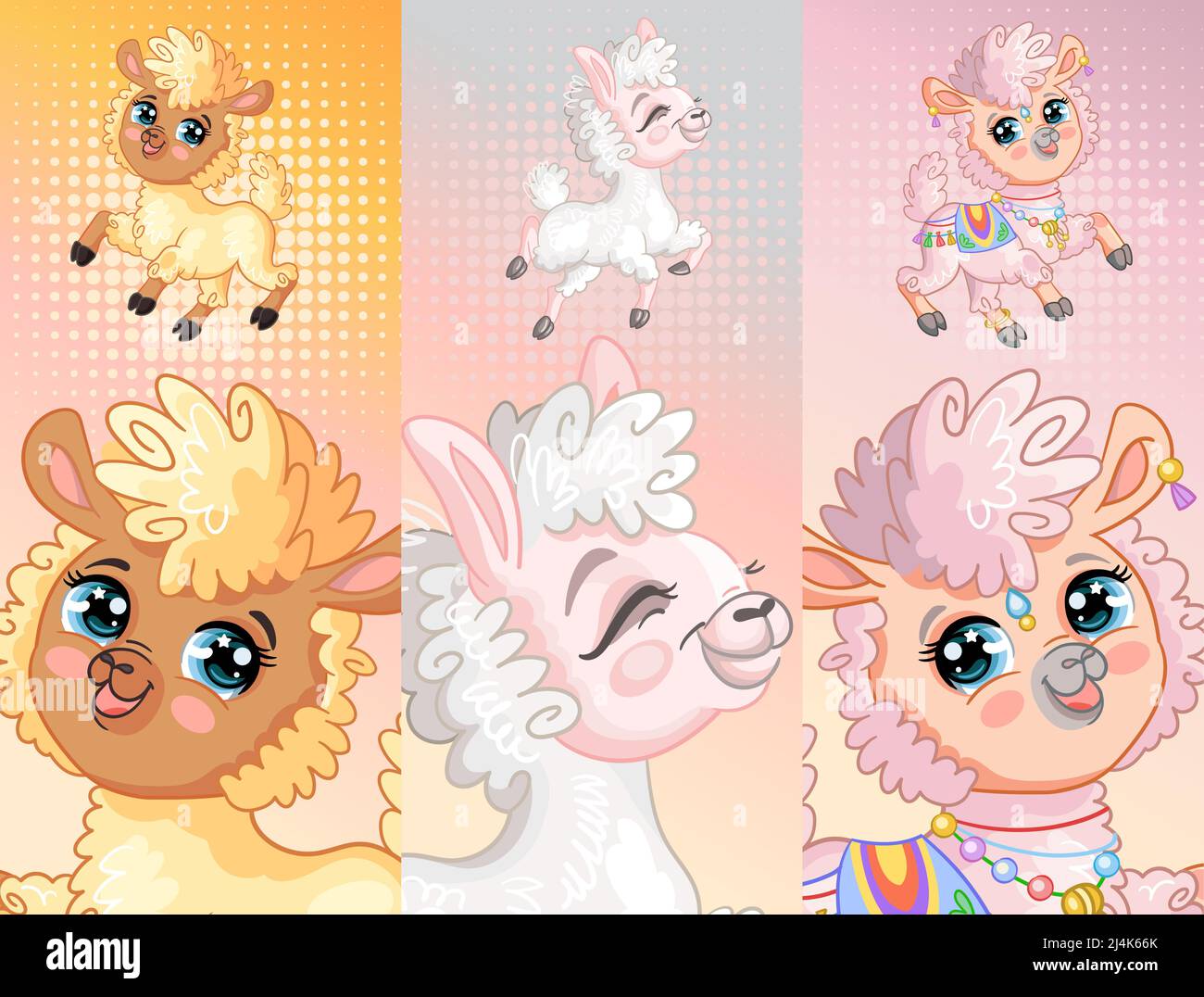 Set of vertical banners with cute llamas. Three posters with cartoon ...