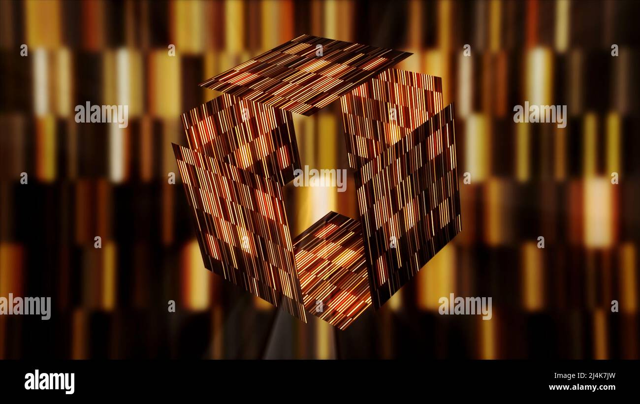 Abstract golden cube falling apart on glowing sun rays background ...