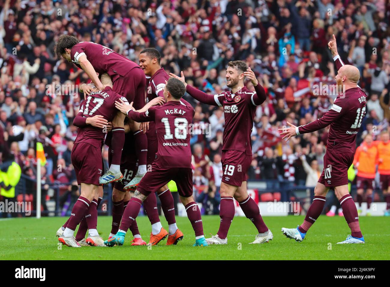 Glasgow, UK. 16th Apr, 2022. The Edinburgh derby teams of Hearts of ...