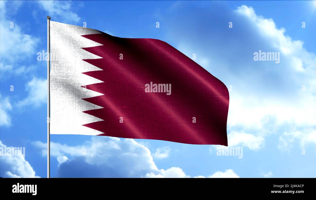 Flag of Qatar against background of clouds floating on the blue sky ...