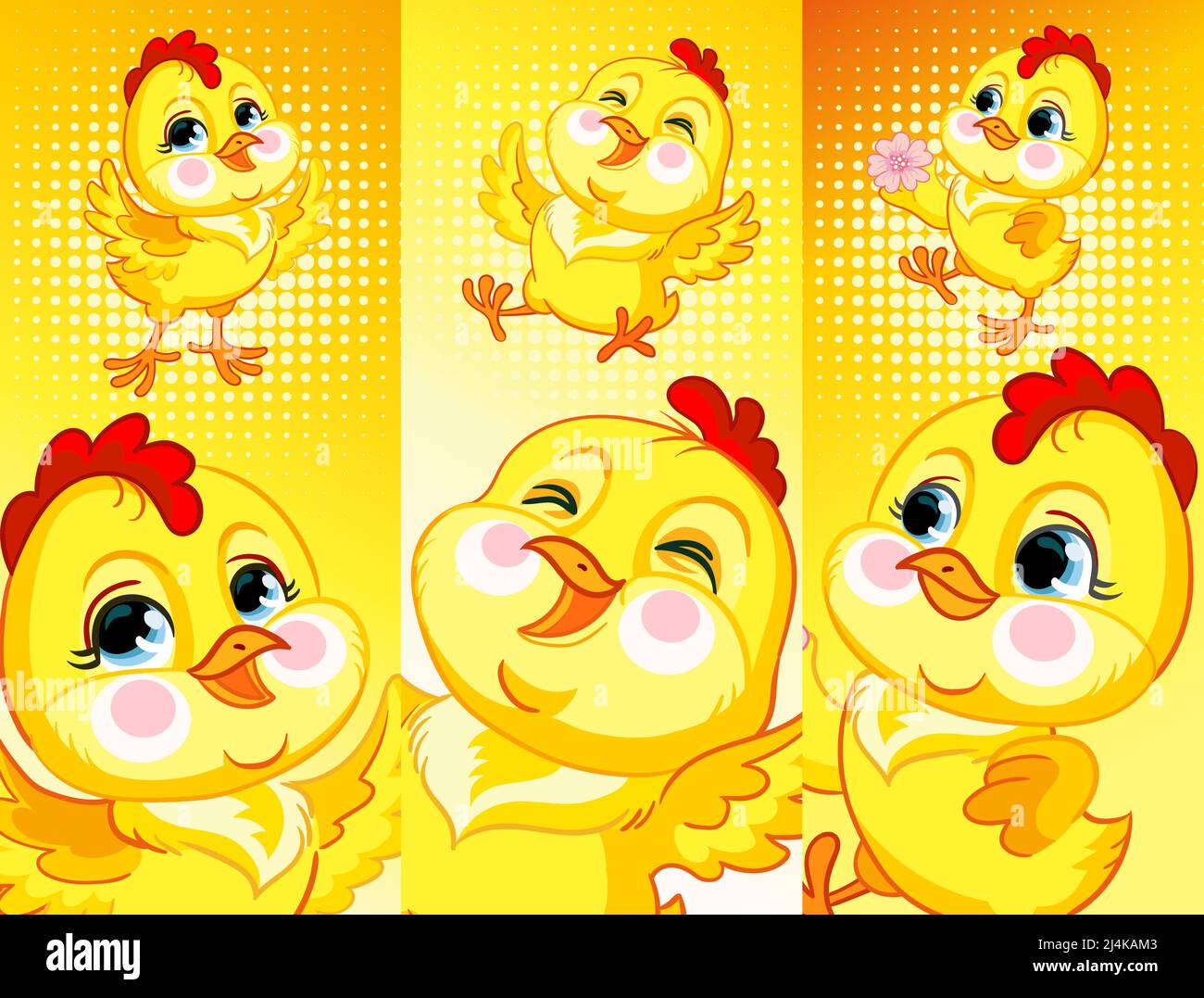 Set of vertical banners with cute chickens. Three posters with cartoon ...