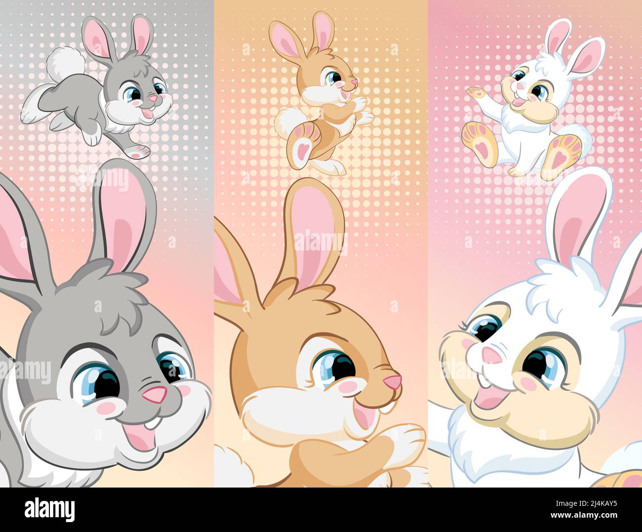 Set of vertical banners with cute rabbits. Three posters with cartoon ...