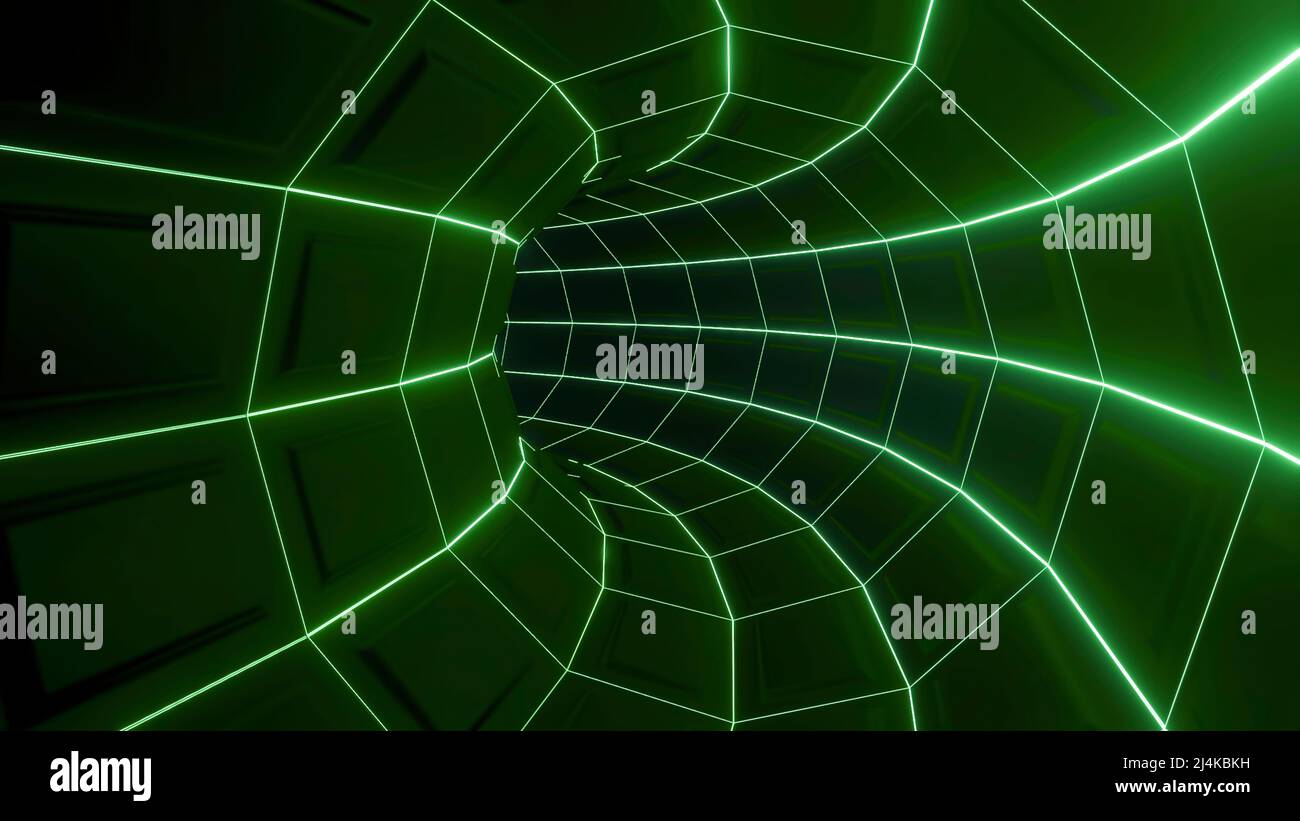 Curved virtual tunnel with green neon lines. Design. Dive into matrix ...