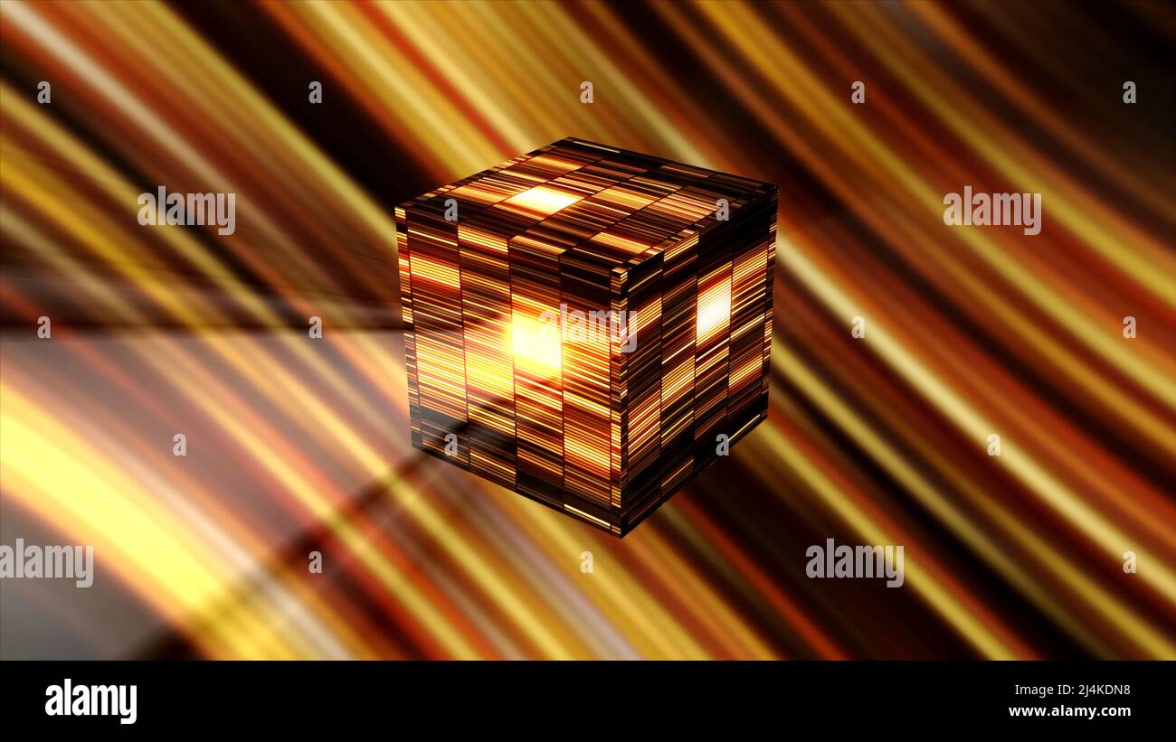Abstract golden cube falling apart on glowing sun rays background ...