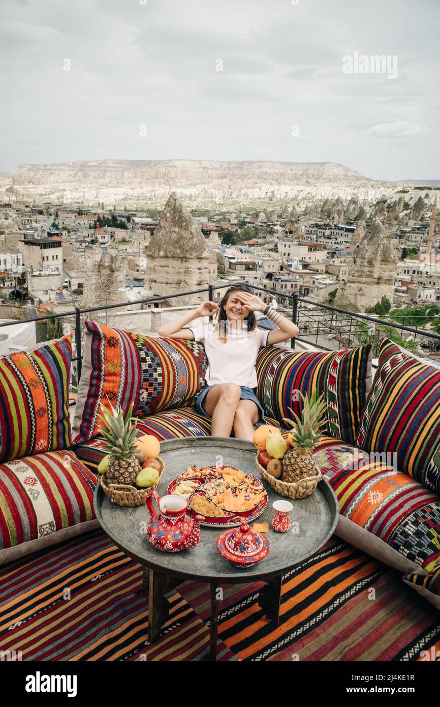 Traditional turkish breakfast with Cappadocia view . Goreme, Turkey ...