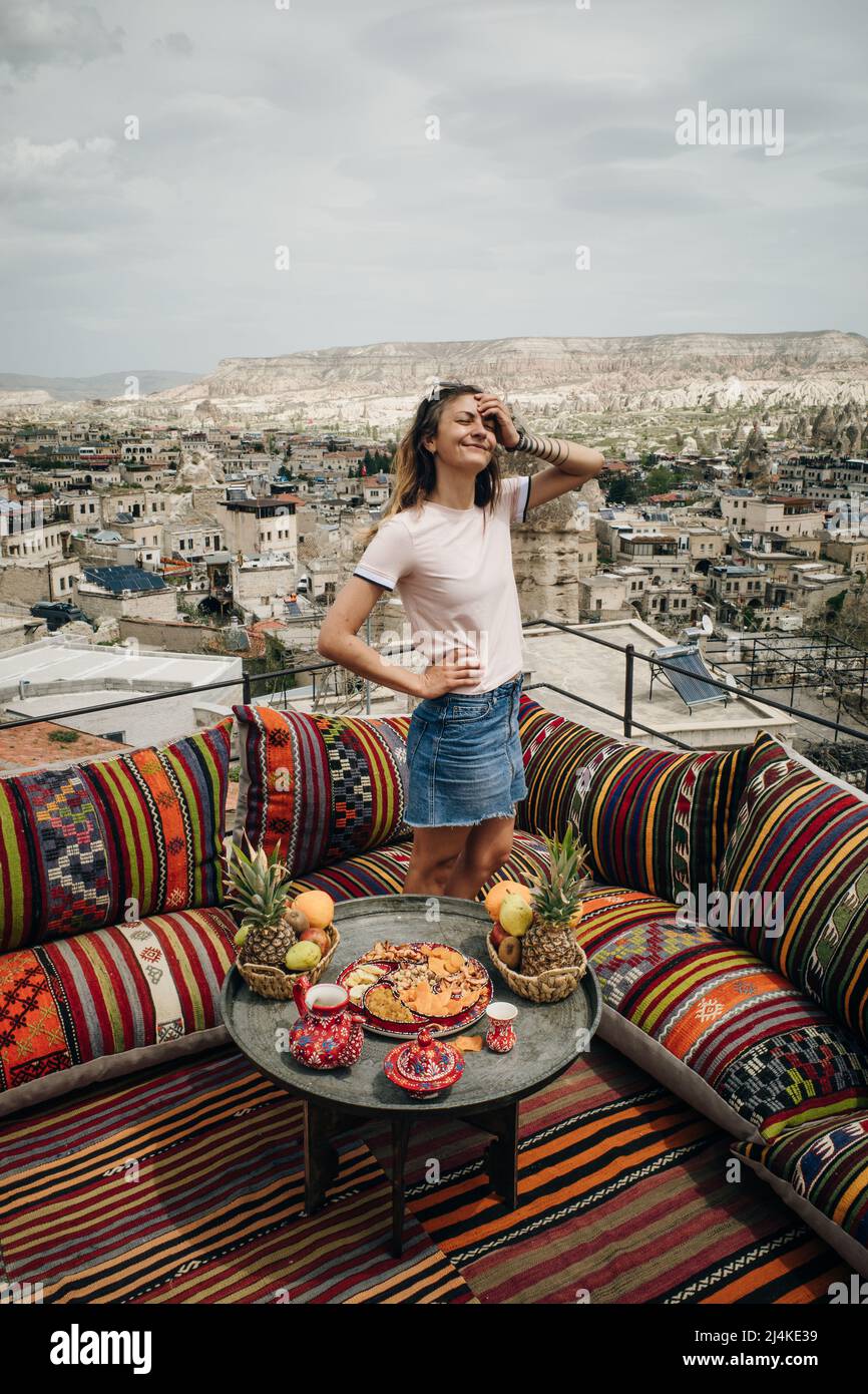 Traditional turkish breakfast with Cappadocia view . Goreme, Turkey ...