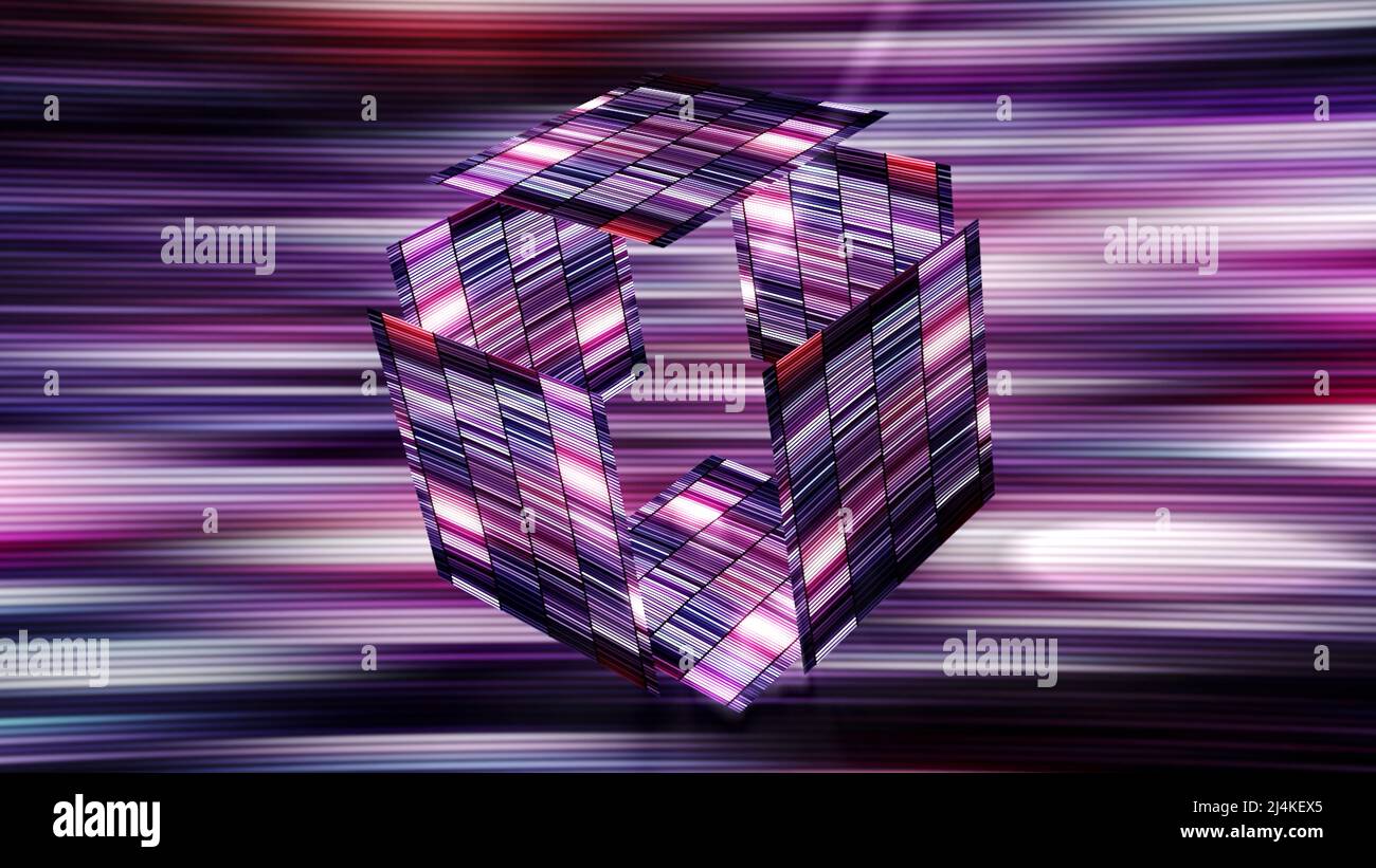 Abstract Glowing Cube Covered By Blinking Digital Tiles Motion 3d Cubic Shape With Moving