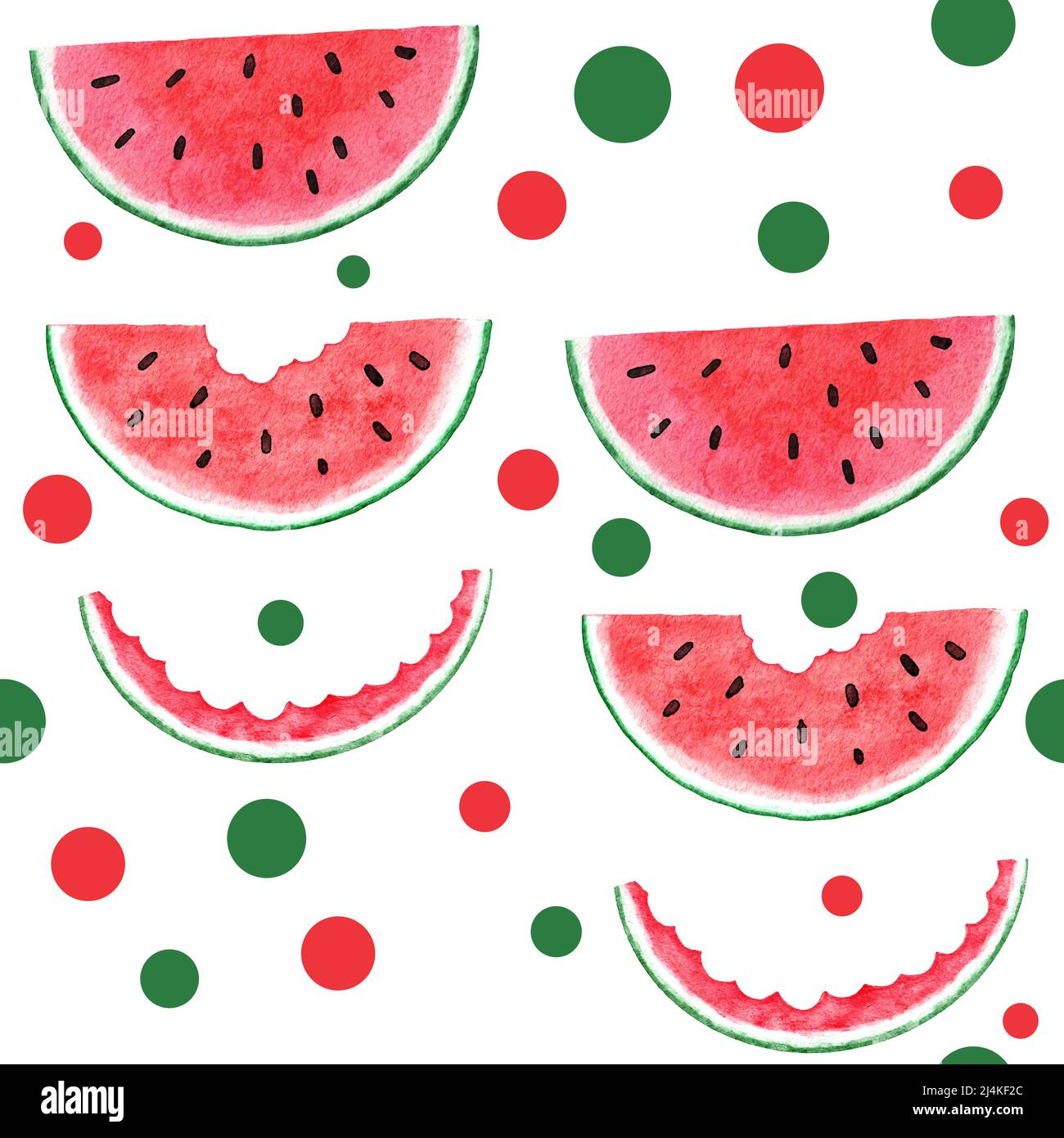 Watercolor hand drawn seamless pattern with watermelon fruit, red green ...