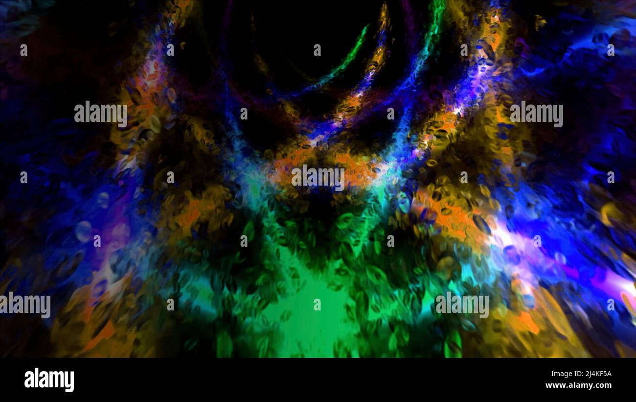 Abstract liquid tunnel with flowing oval shaped particles and streams ...