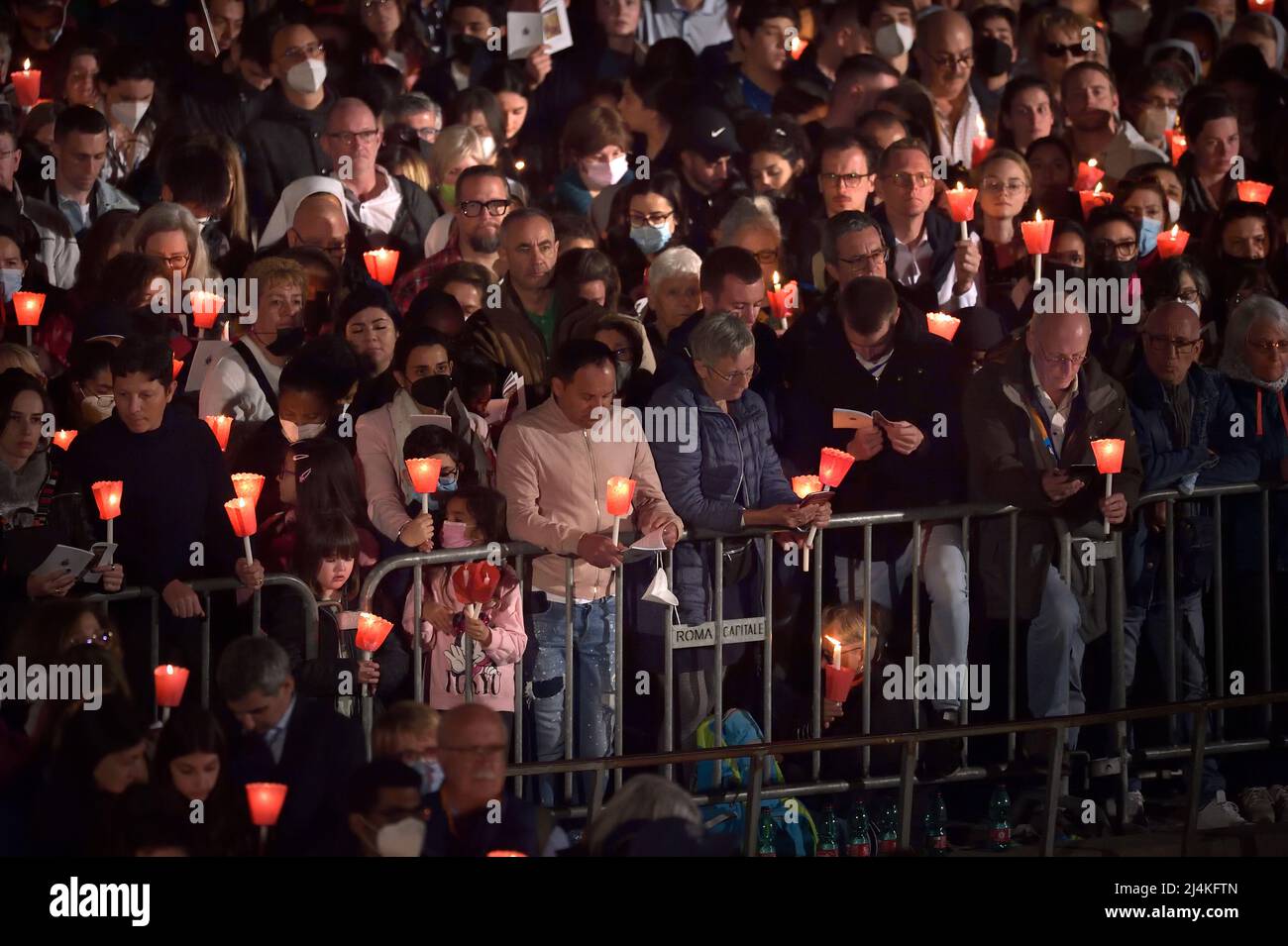 Rome. 15th Apr, 2022. Pope Francis prays during the Via Crucis (Way of ...