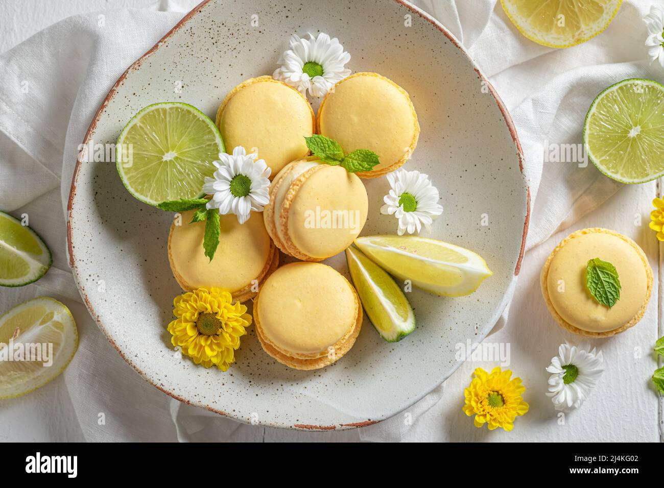 Homemade and sour lemon macaroons made of citrus fruits. Yellow ...