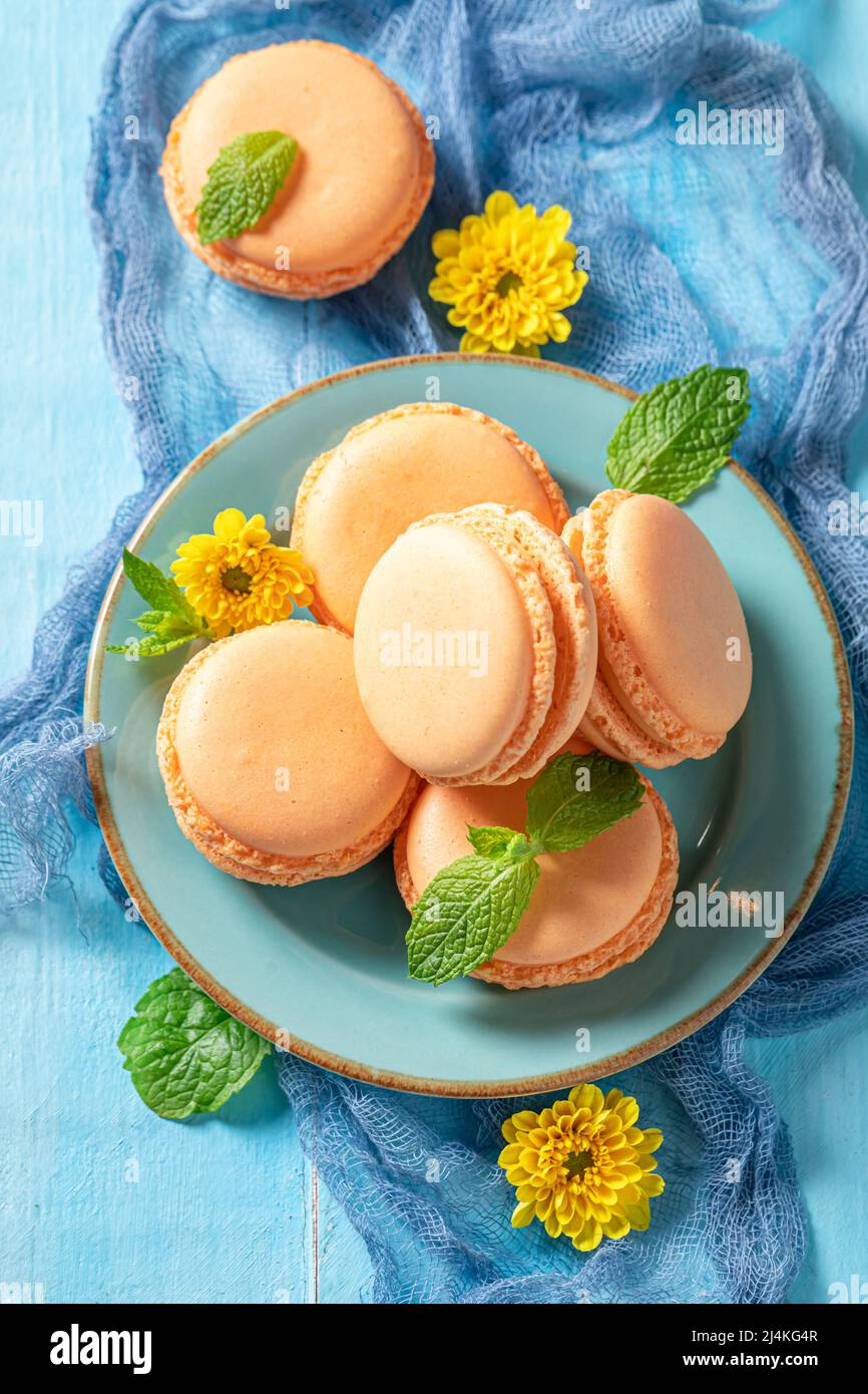 Delicious and sweet passion fruits macaroons as spring snack. Sweet ...