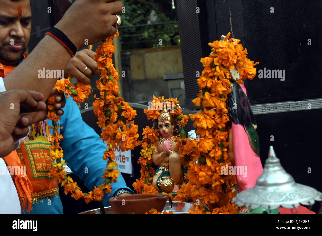 Men dress in costumes of Lord Hanuman ji dancing and blessing to ...