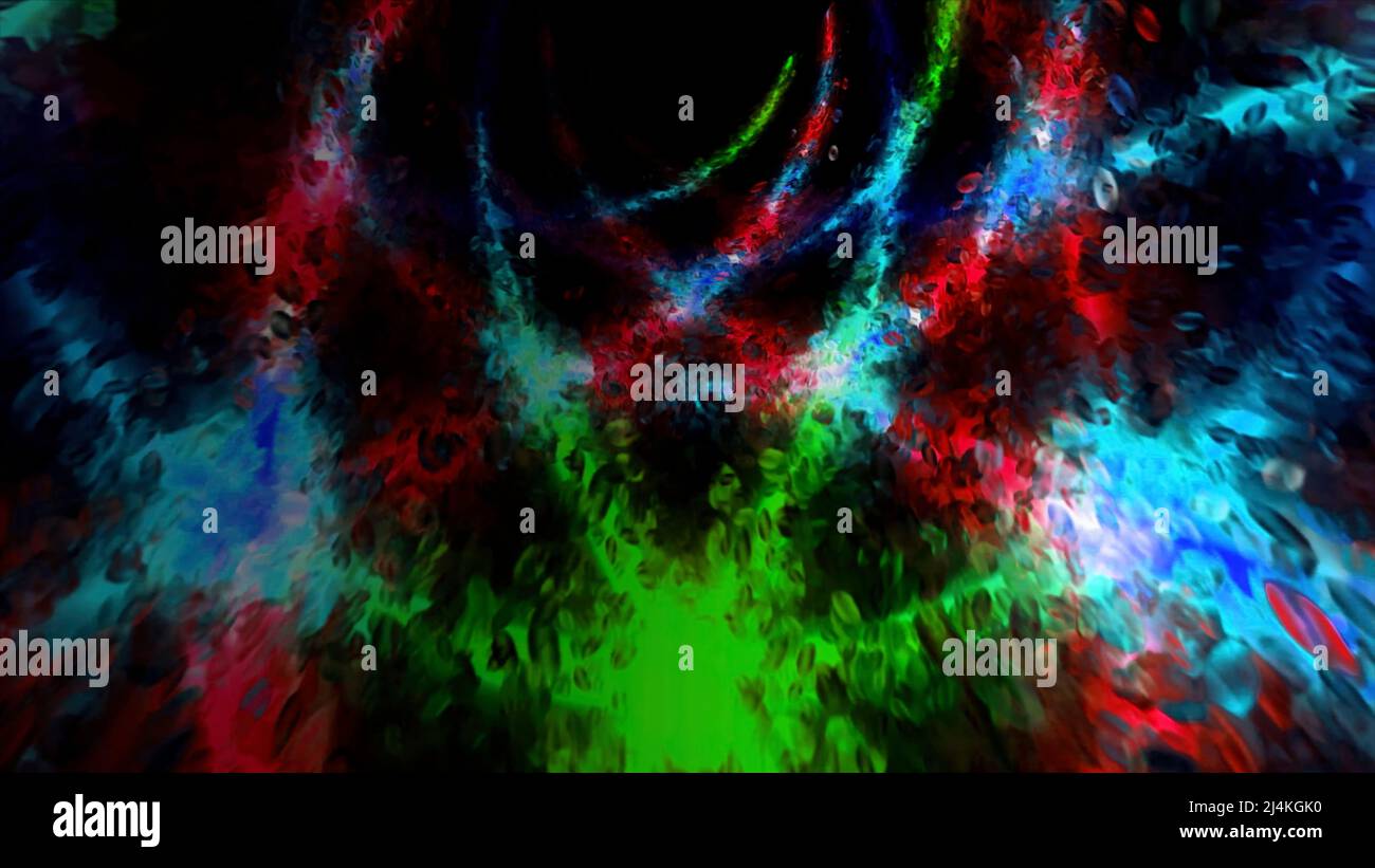Abstract liquid tunnel with flowing oval shaped particles and streams ...
