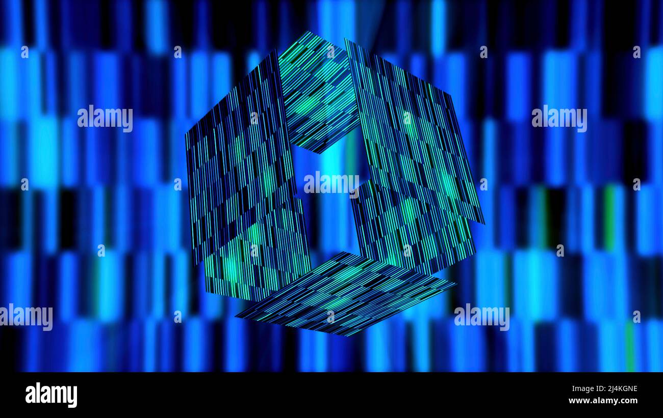 Abstract glowing cube with blue rays of light. Motion. Striped neon ...