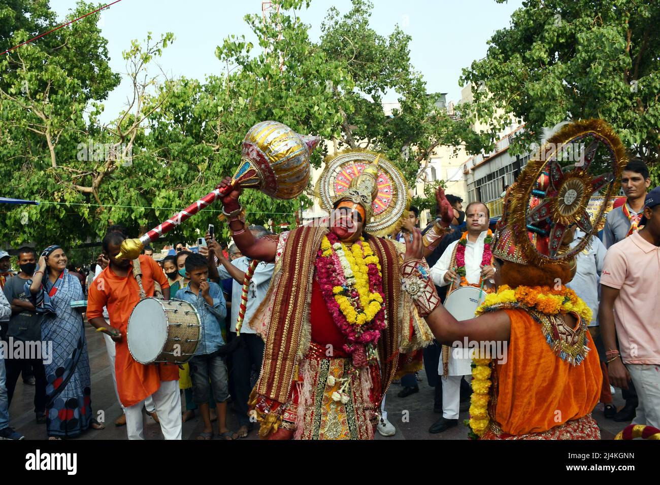 New Delhi, India. 16th Apr, 2022. Men dress in costumes of Lord Hanuman ...