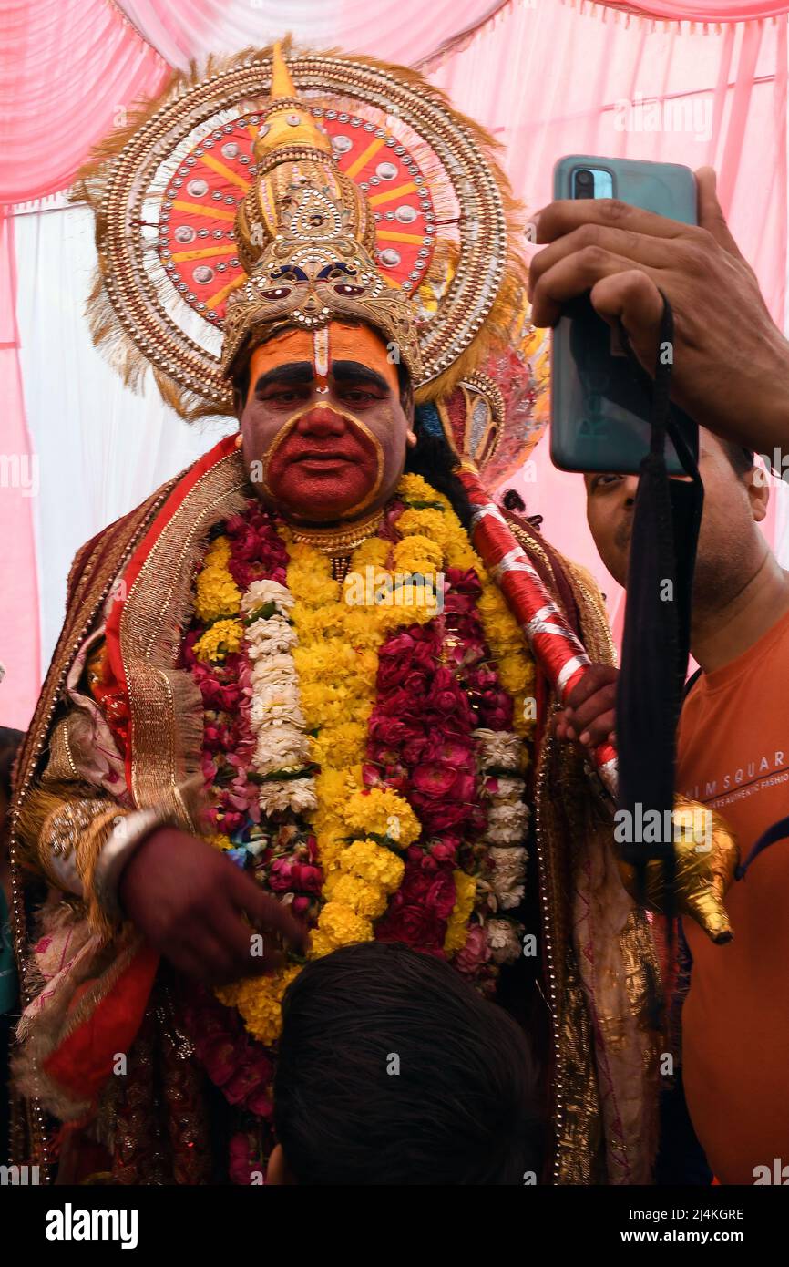 New Delhi, India. 16th Apr, 2022. Men dress in costumes of Lord Hanuman ...