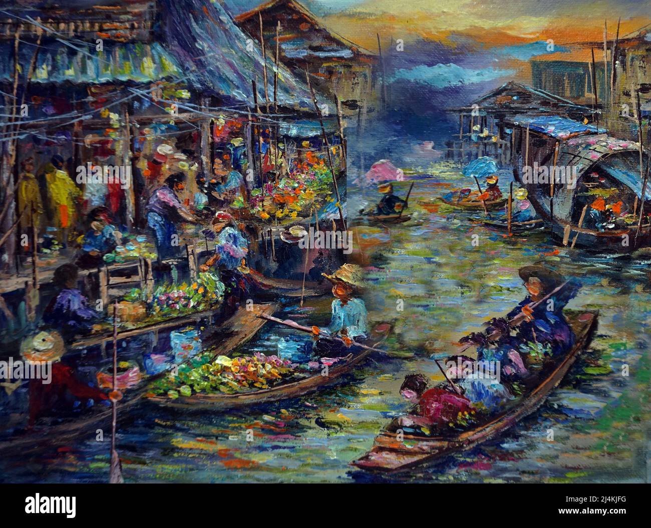 Hand drawn Art painting Oil color Floating market , rural life , rural ...
